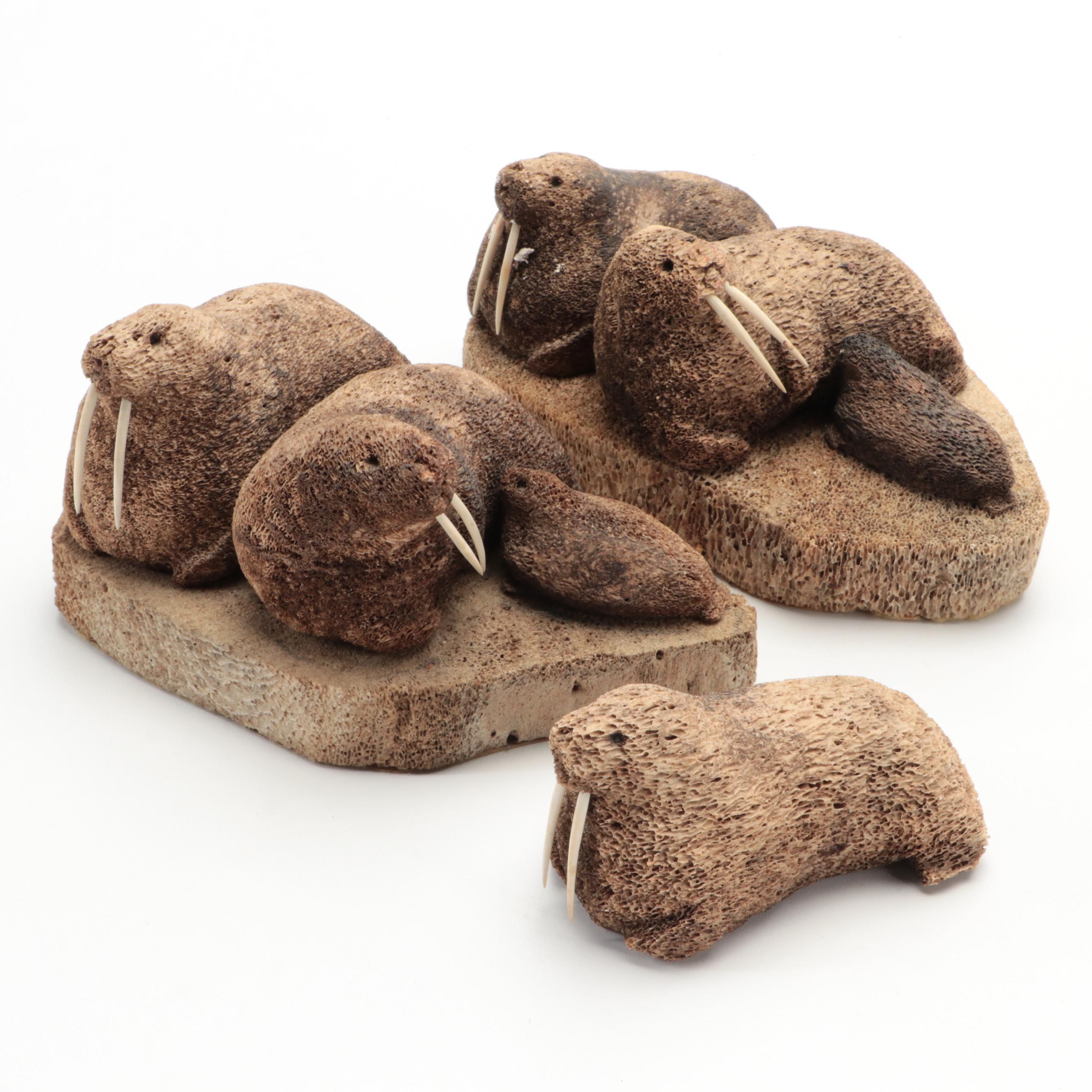 Inuit Hand-Carved Fossil Whale Bone Walrus Figurines | EBTH