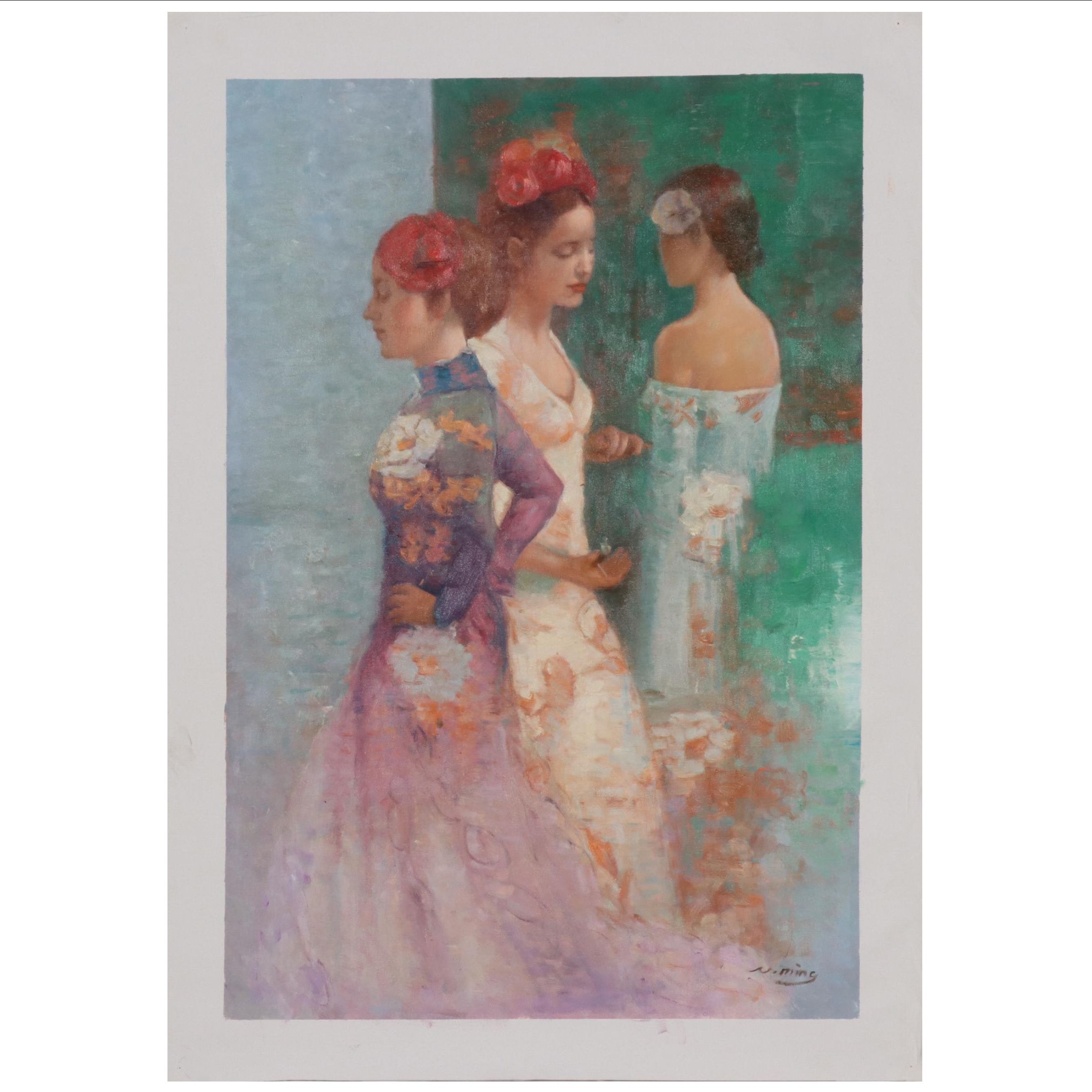 N. Ming Figurative Oil Painting of Three Young Women in Floral Gowns | EBTH
