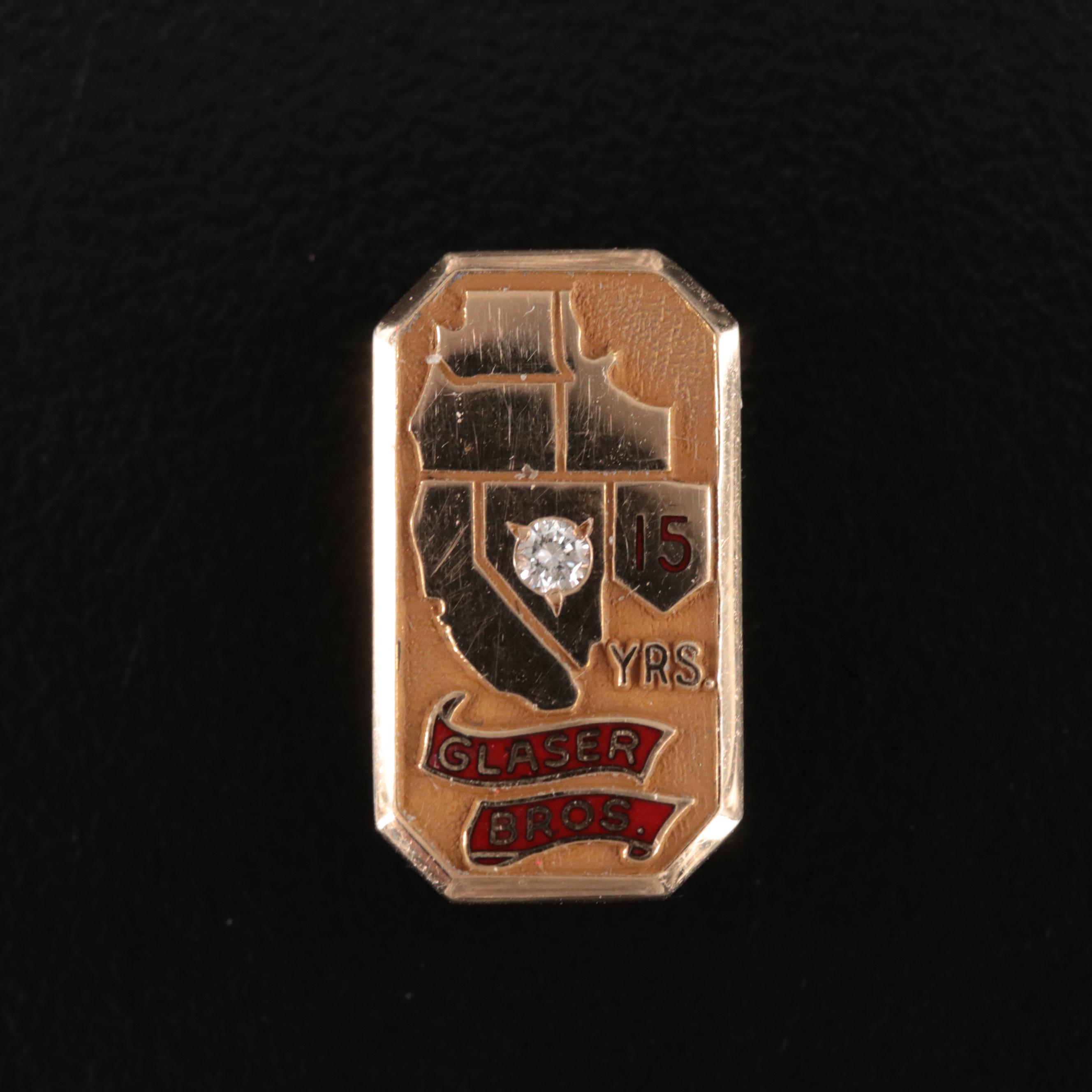 14K Diamond and Enamel Glaser Bros 15 Year Service Pin | EBTH