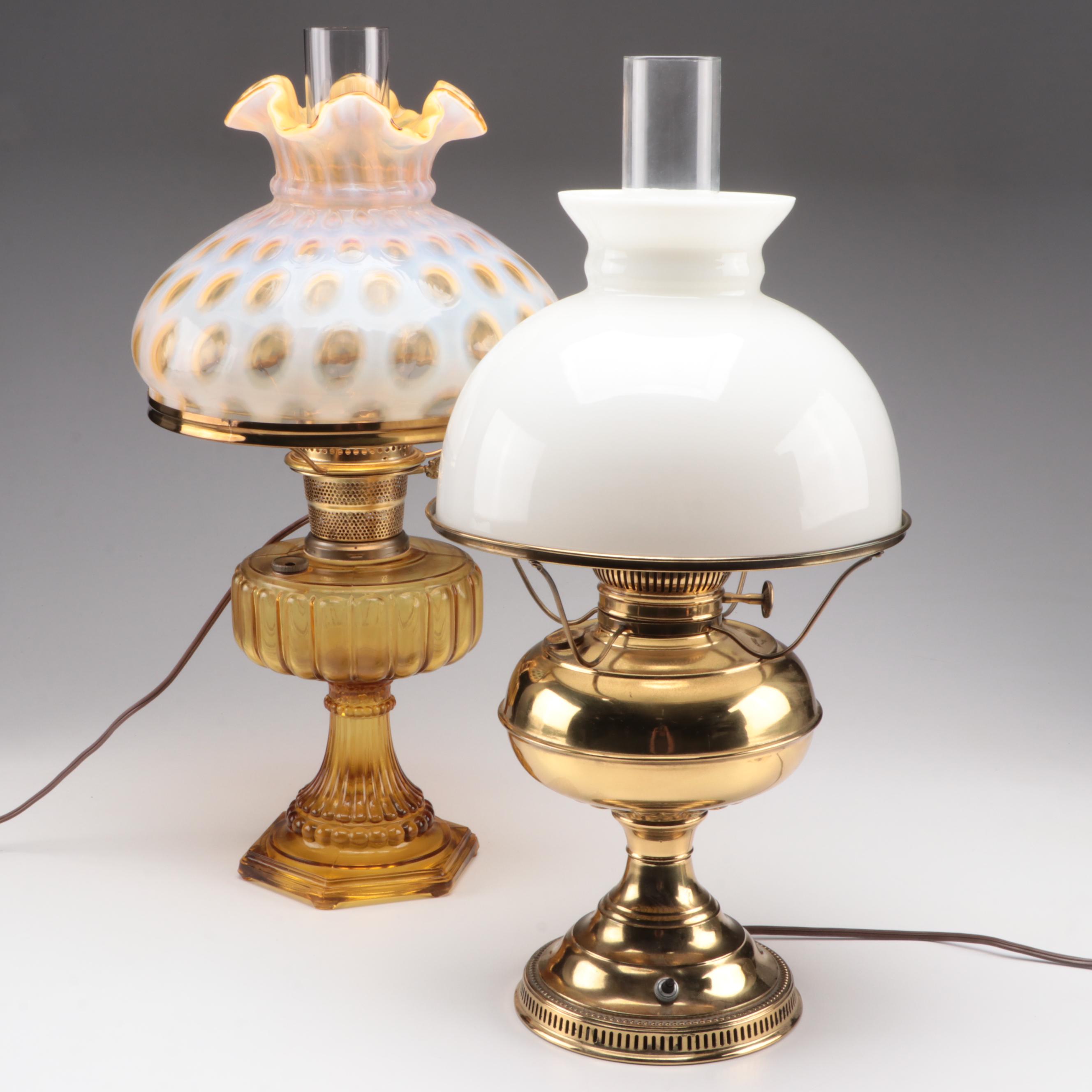 Pressed Glass Lamp with Fenton Honeysuckle Coin Dot Shade and Rayo ...