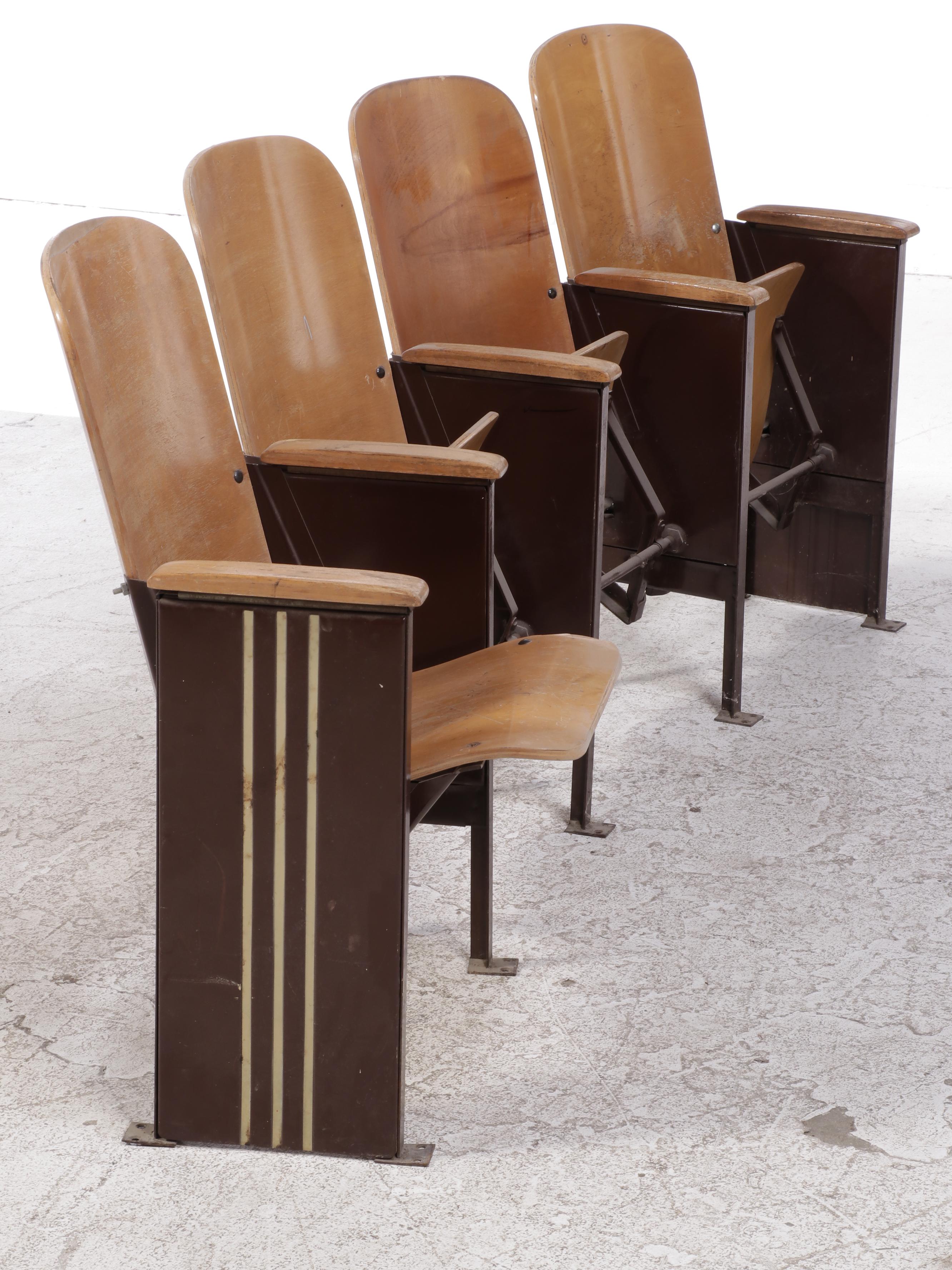 Row of Four Pressed Steel, Oak, and Laminated Maple Folding Theater ...