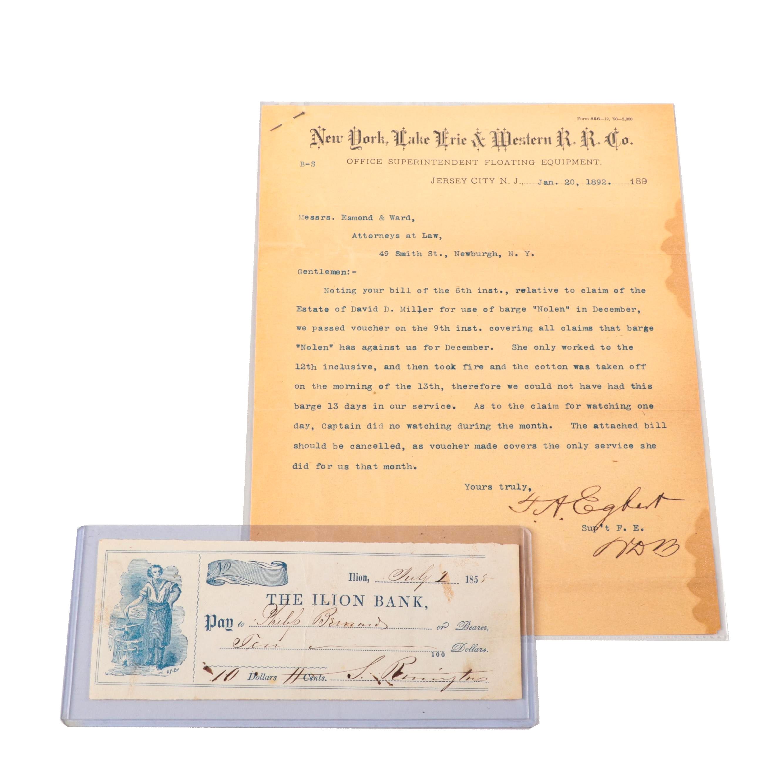 New York, Lake Erie & Western Railroad Letter with Samuel Remington ...