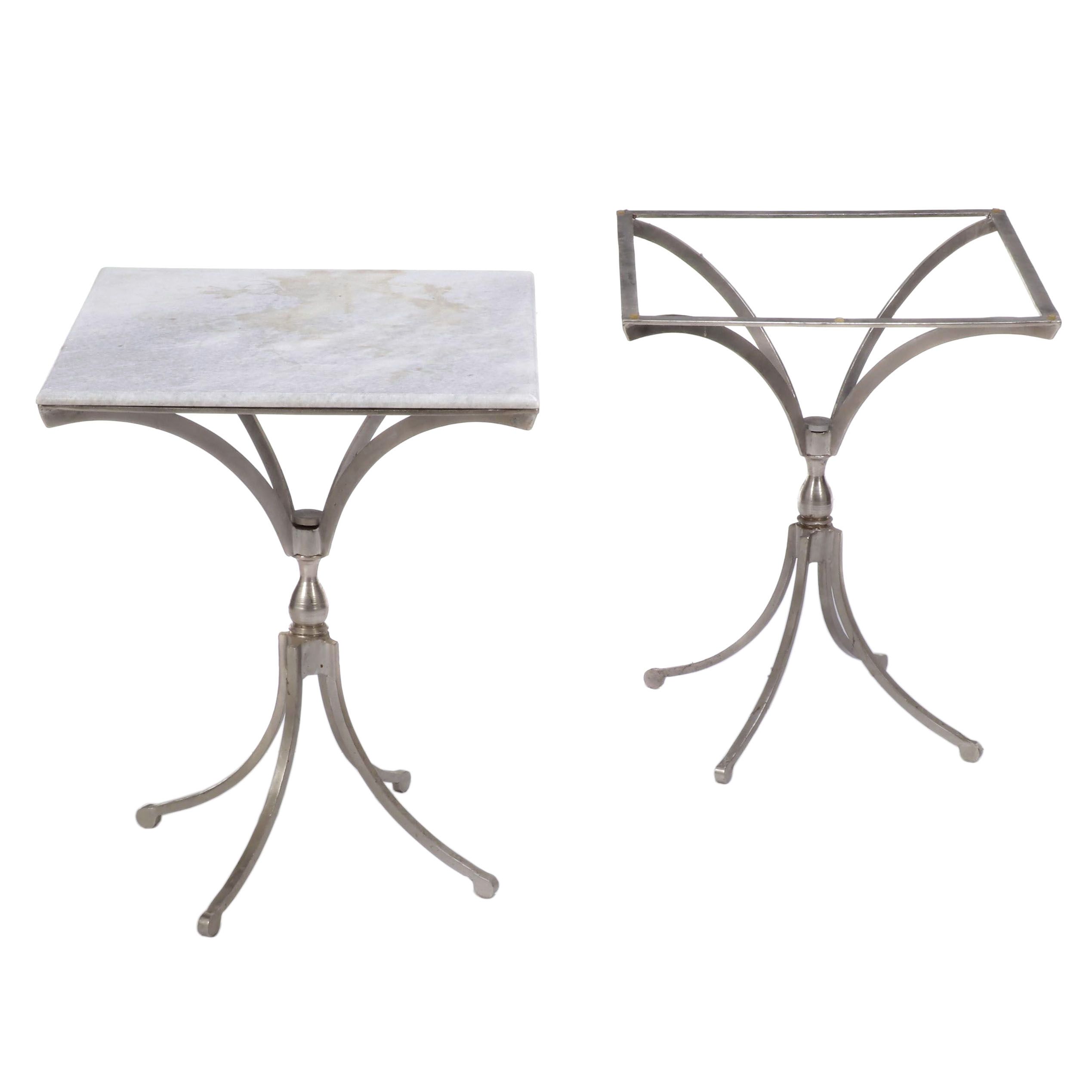 Pair of Nickel-Finished Metal Pedestal Base Side Tables with One Marble ...