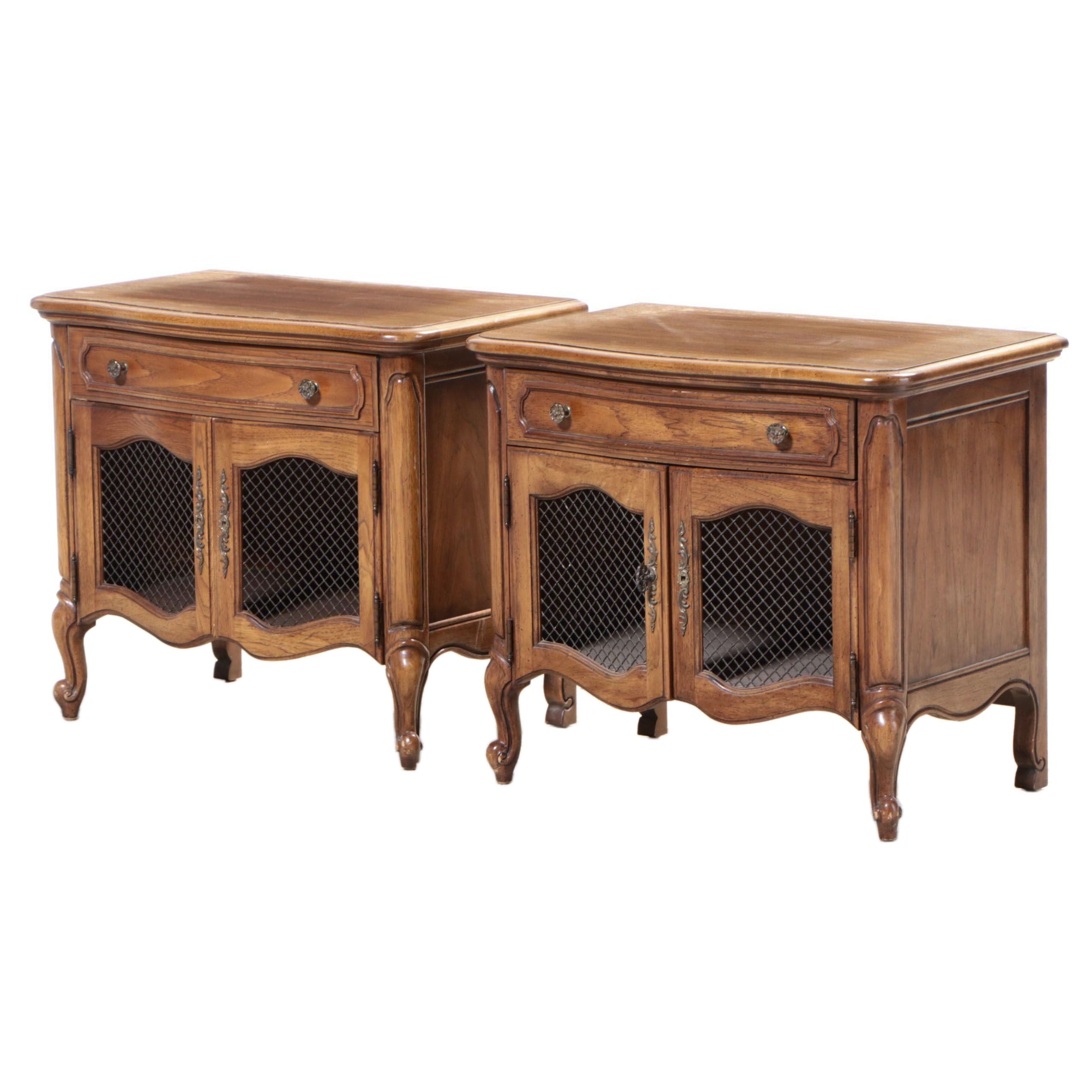 Pair of French Provincial Style Walnut Mesh Front Side Cabinets | EBTH