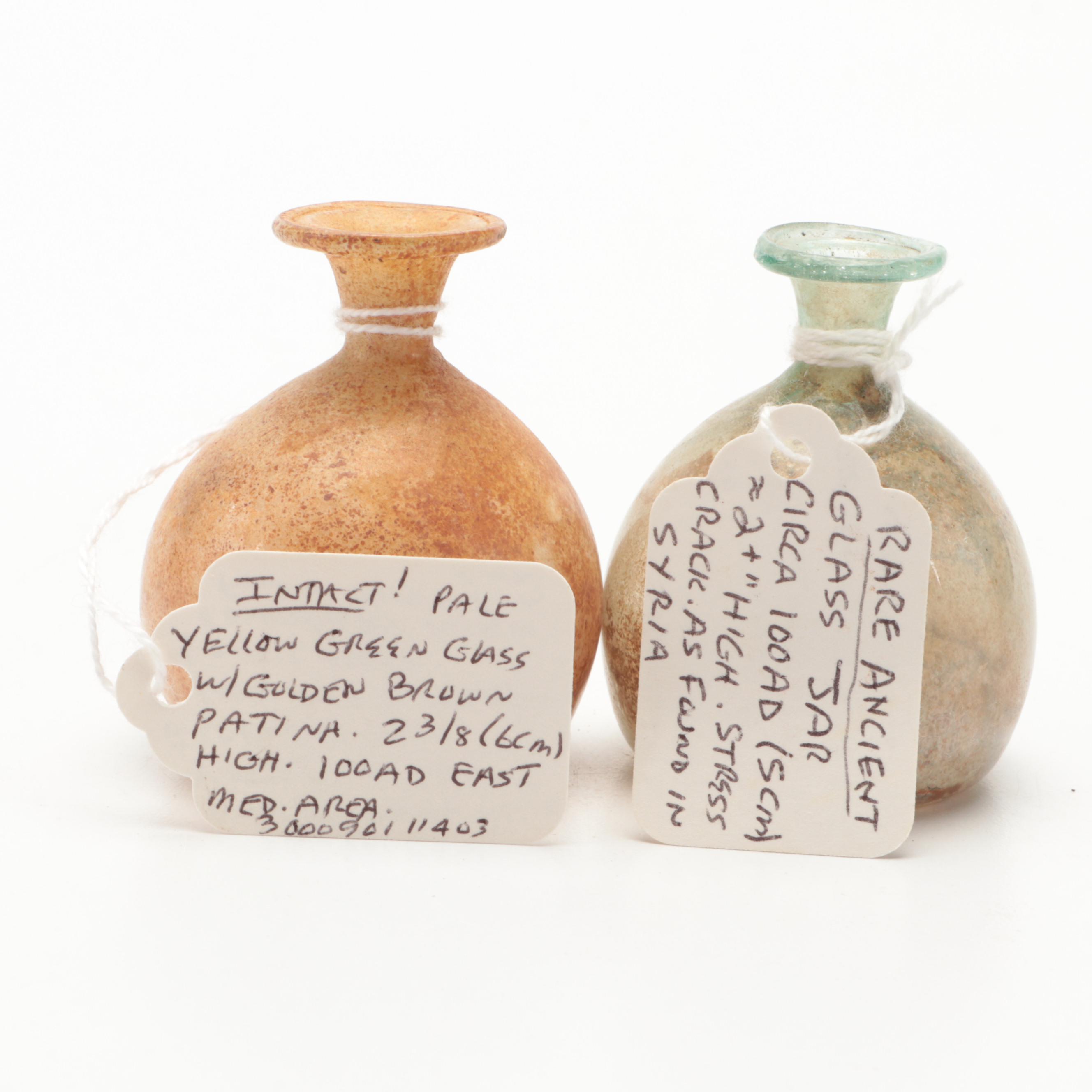 Ancient Roman Square Panel Glass Flask with More Glass Containers | EBTH