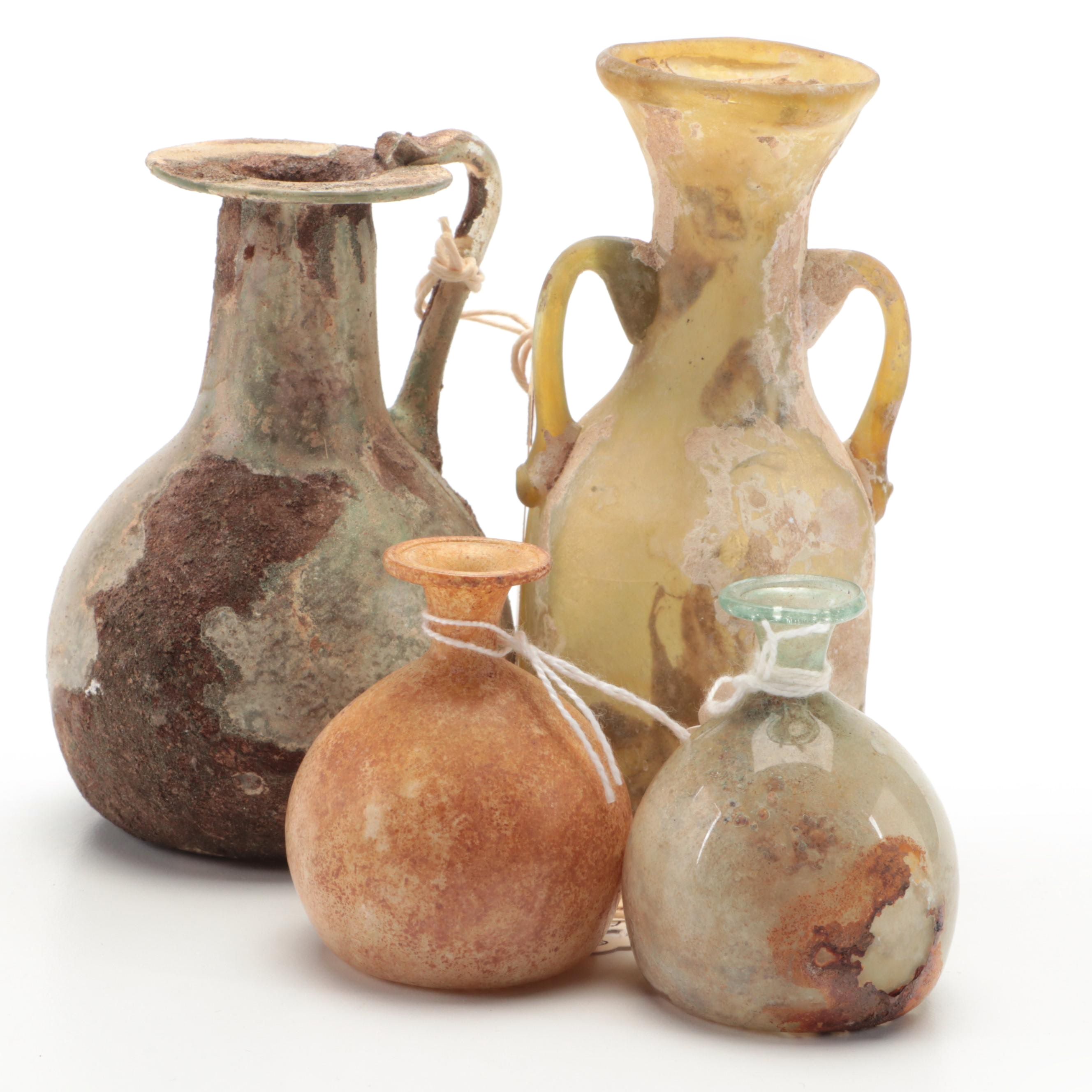 Ancient Roman Square Panel Glass Flask with More Glass Containers | EBTH