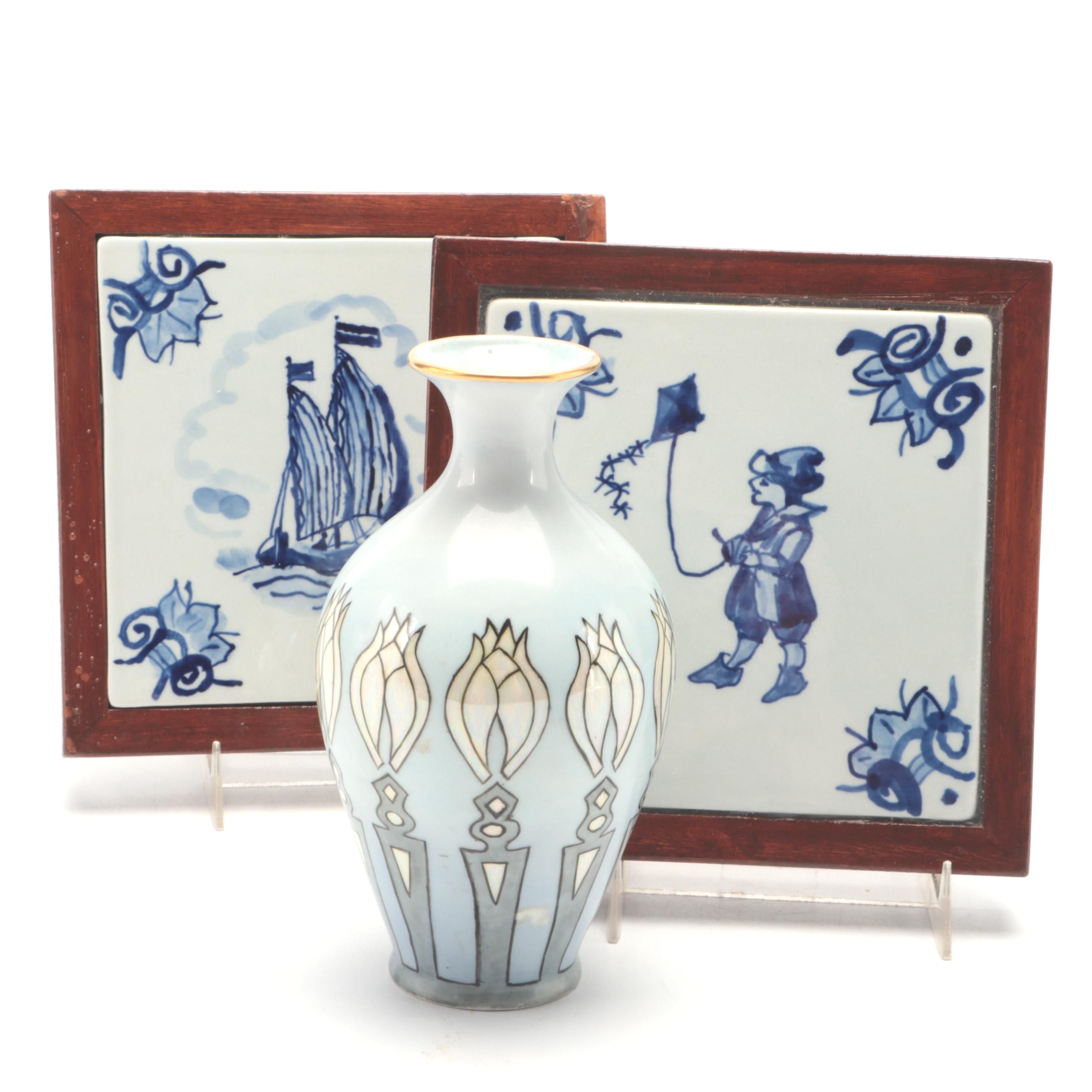 Moritz Zdekauer Porcelain Vase with Blue and White Delft Style Tiles | EBTH