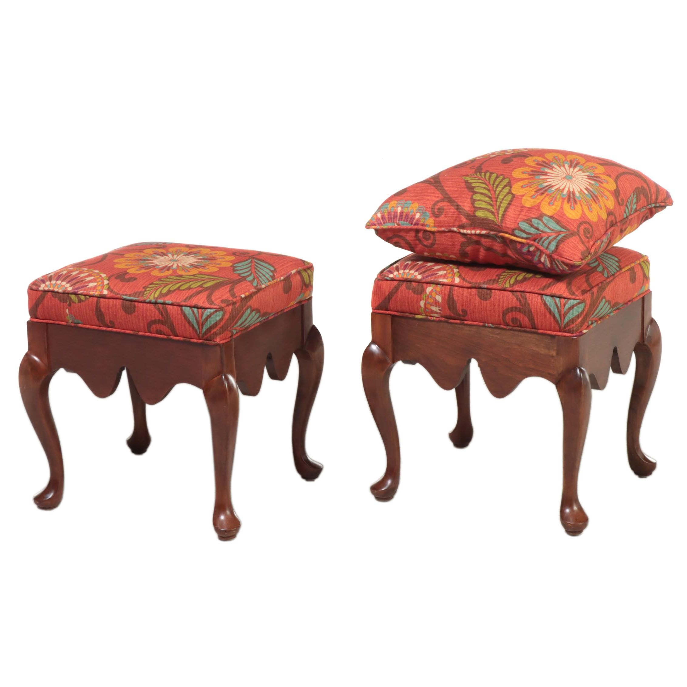 Rick Rack Designs Pair of Queen Anne Style Cherry Stools with Pillow | EBTH