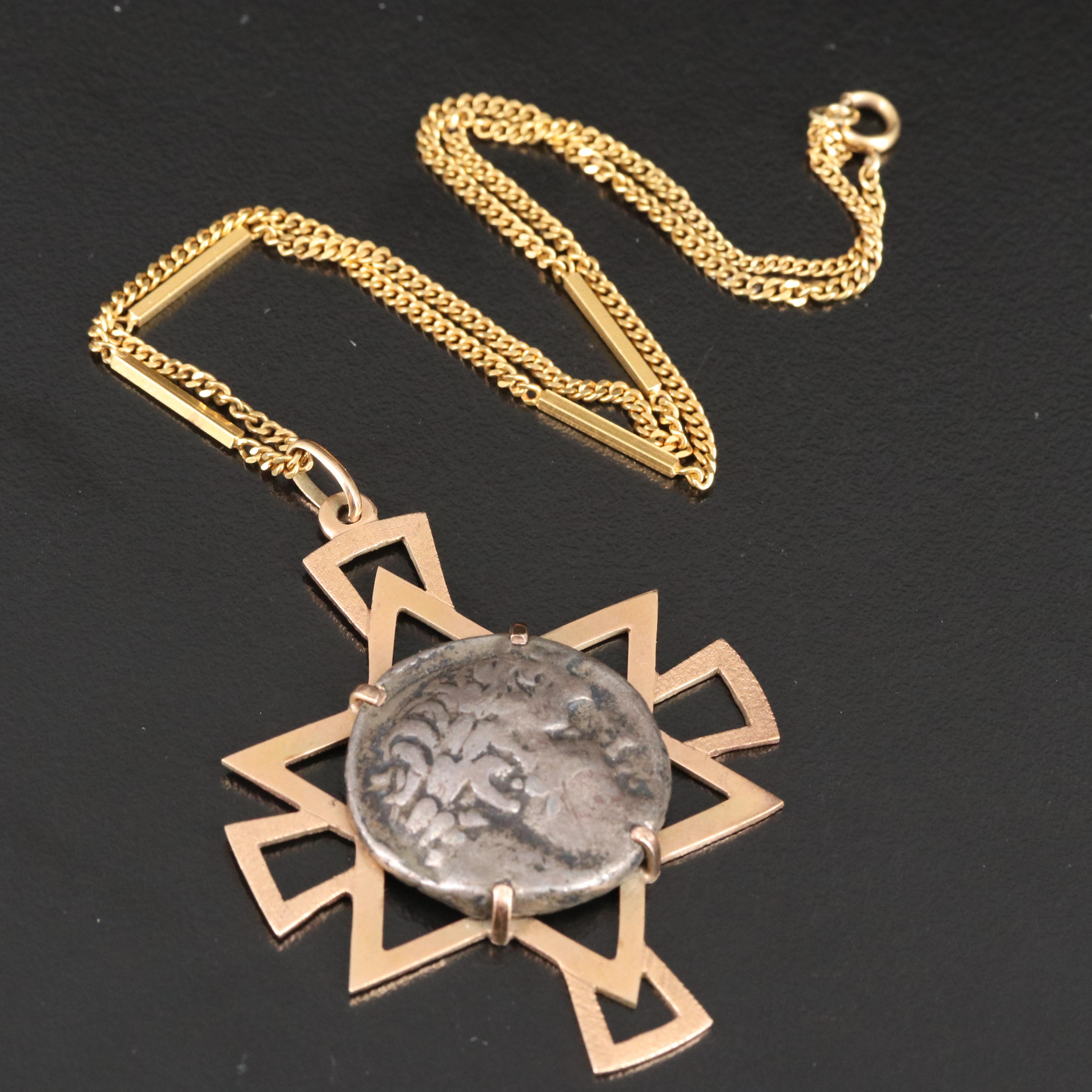 14K and 18K Necklace with Phoenicia, Tyre, Silver/AR Shekel Ca. 18 BC ...