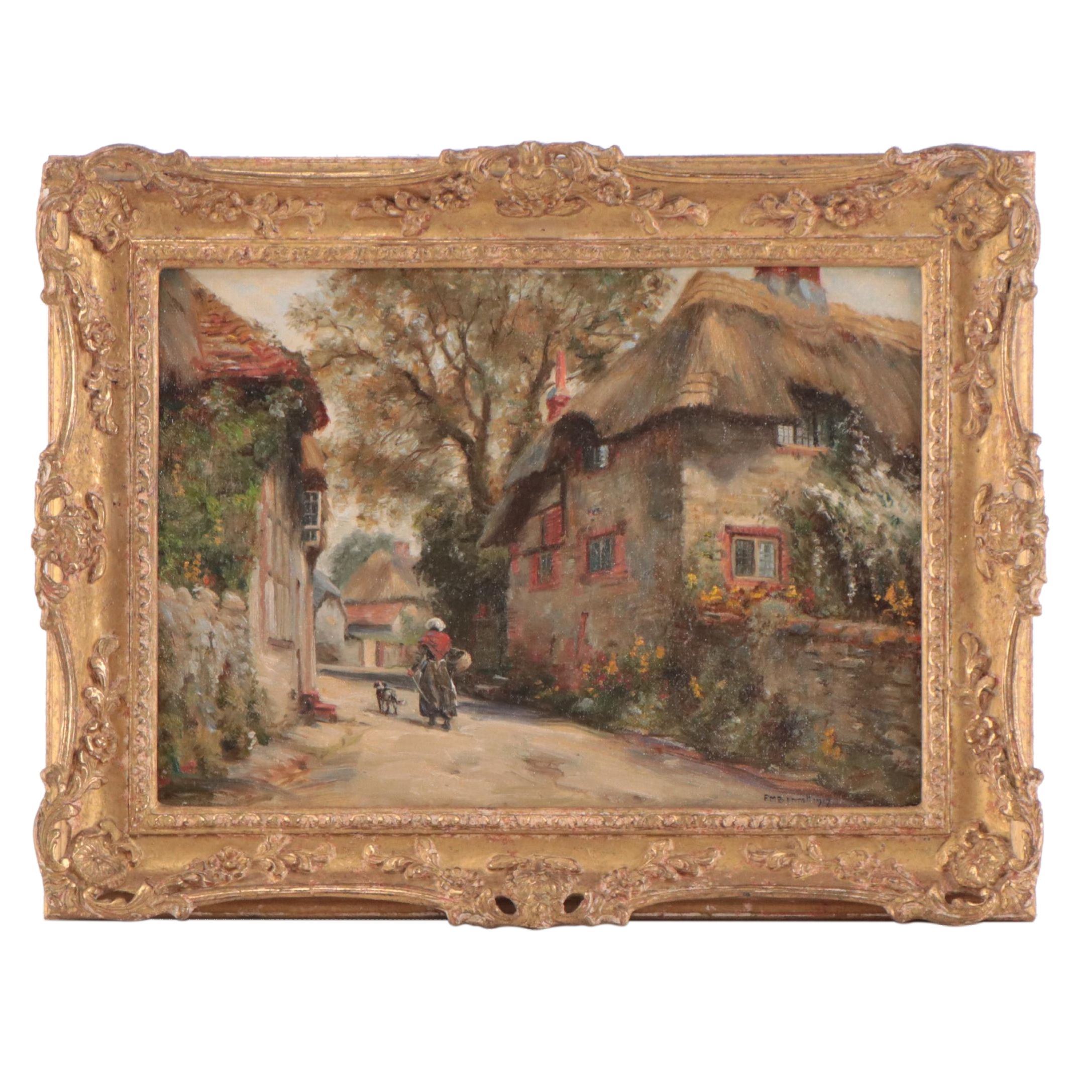 Frank Moss Bennett Oil Painting of Thatched Roof Village Landscape ...