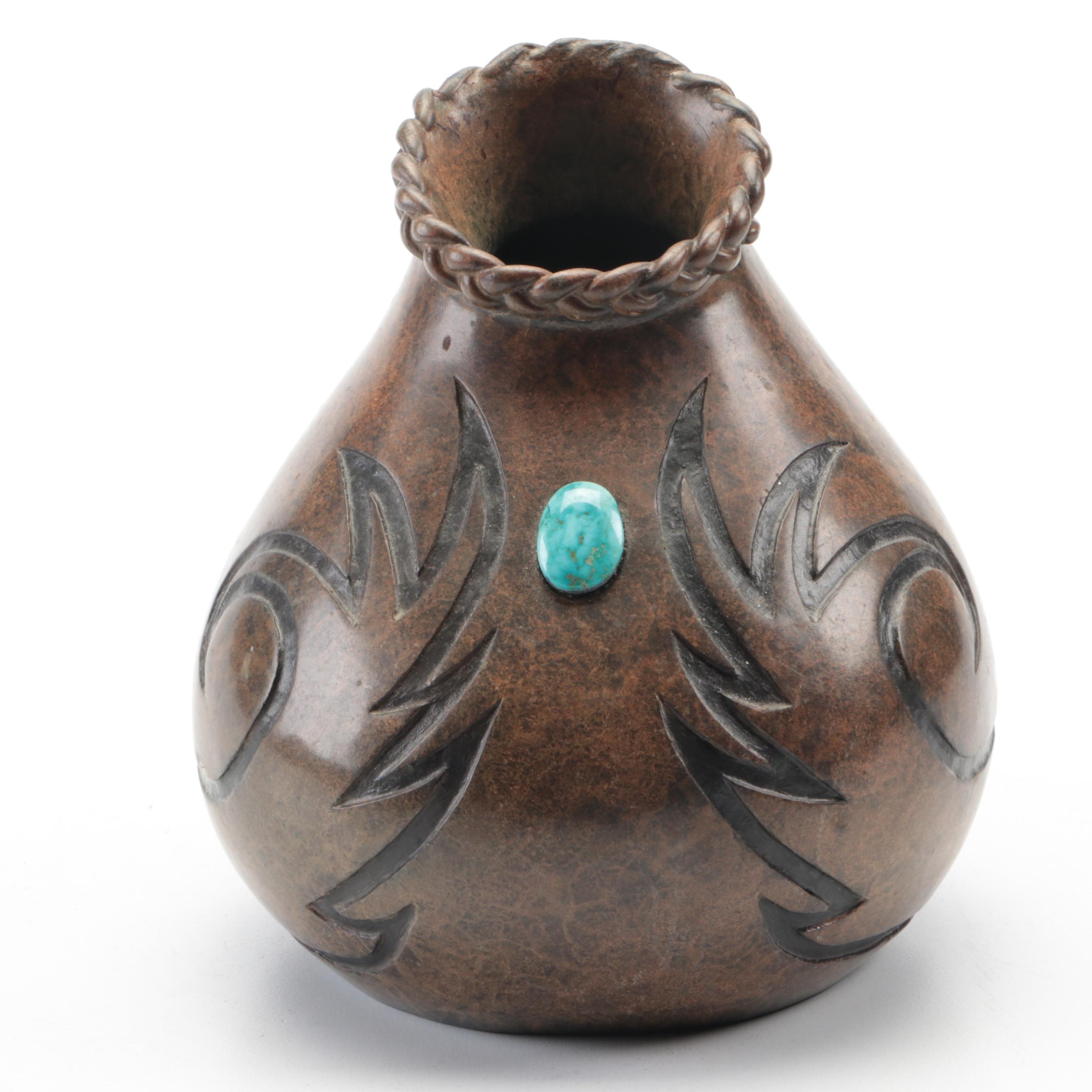 George H. Walbye Bronze and Turquoise Inlaid Western Vase, 2005 ...