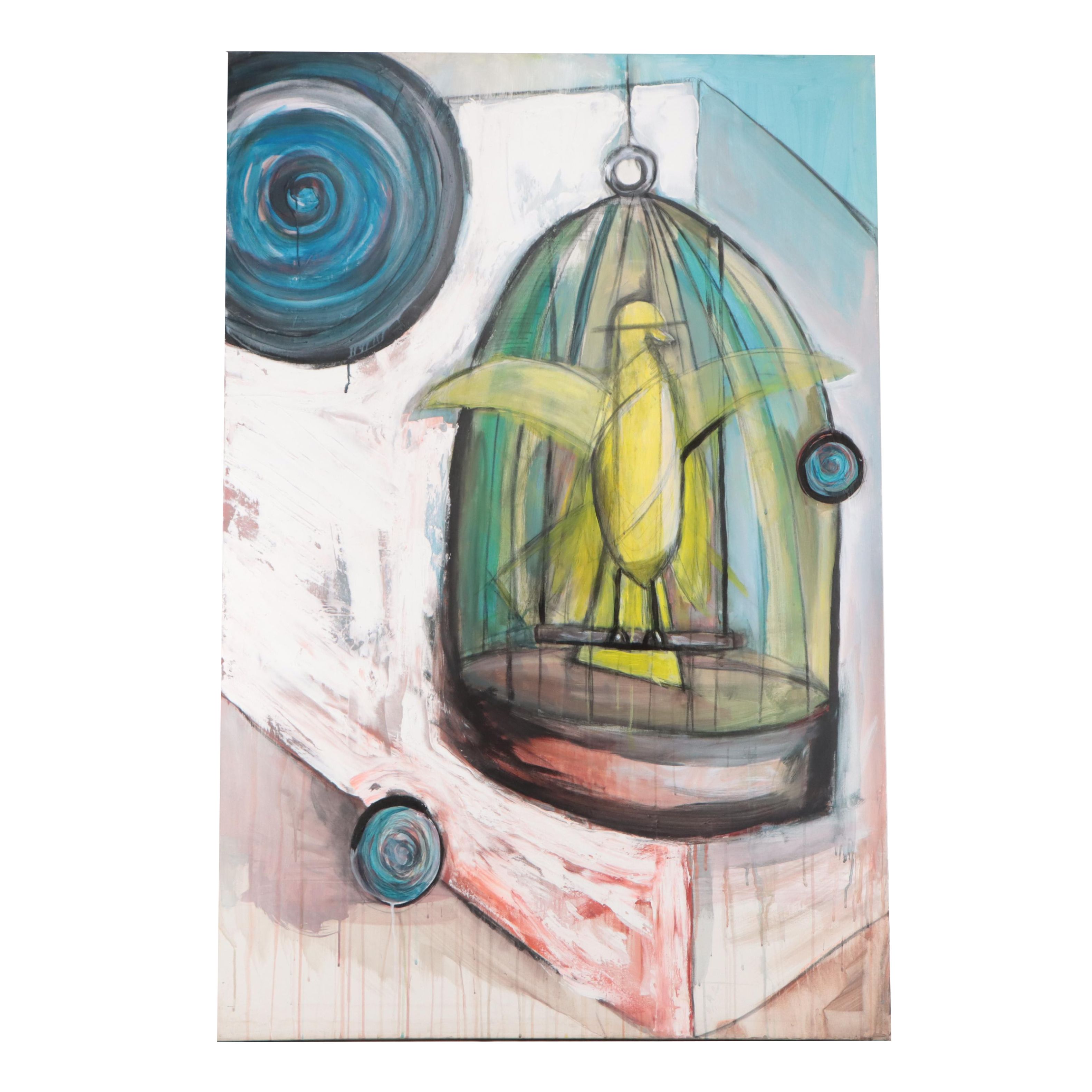 Aaron Feldman Large Scale Surreal Painting of Bird in Cage | EBTH
