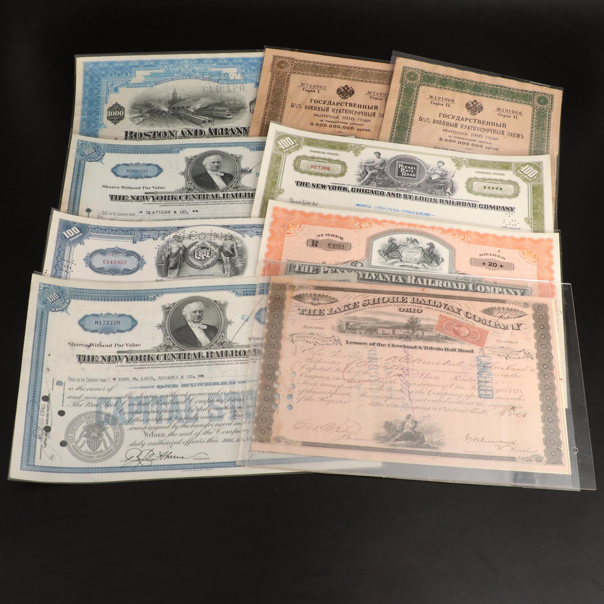Collection of Nine Obsolete Railroad Stock Certificates From U.S. and ...