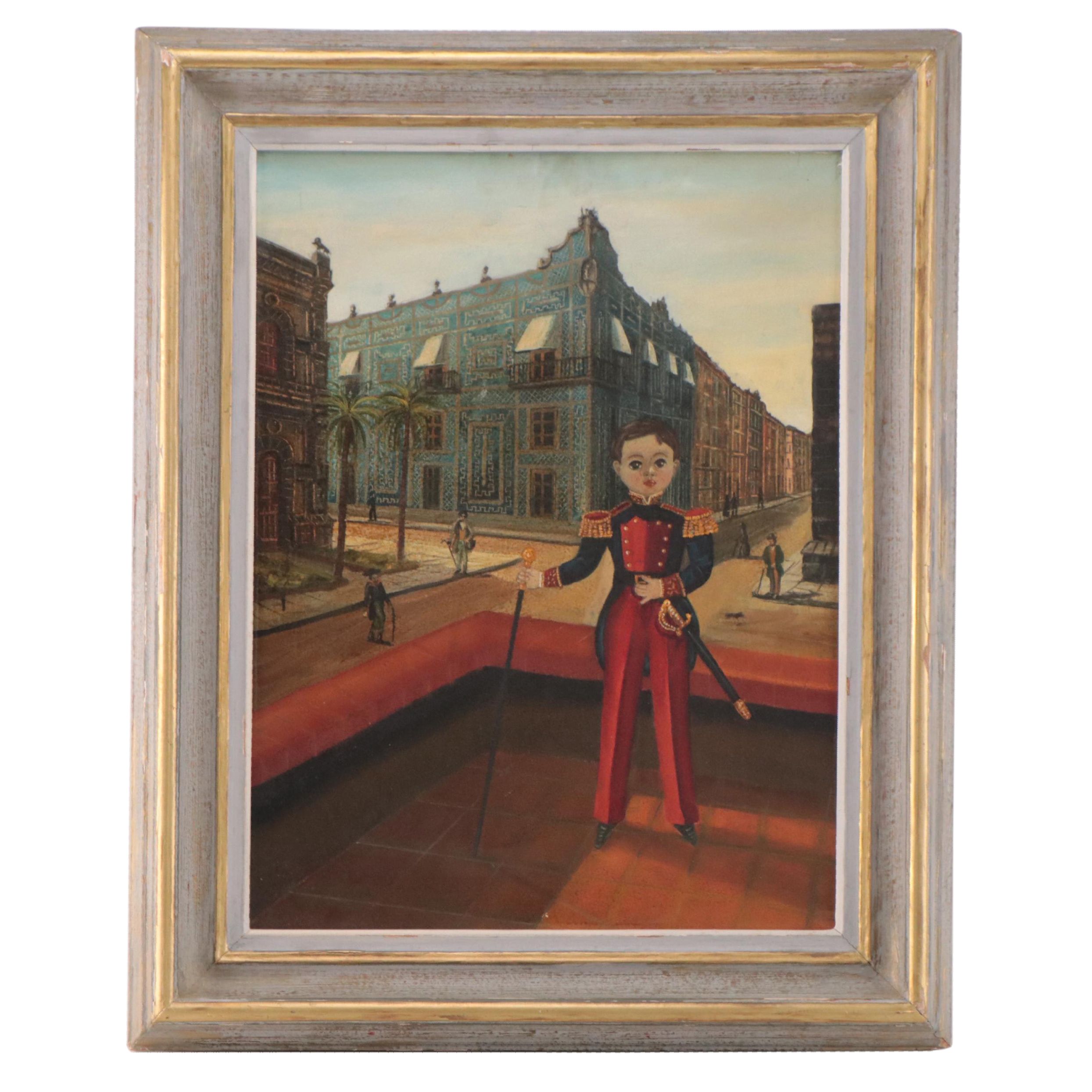Agapito Labios Folk Art Oil Portrait of Boy in Uniform in Town Setting ...