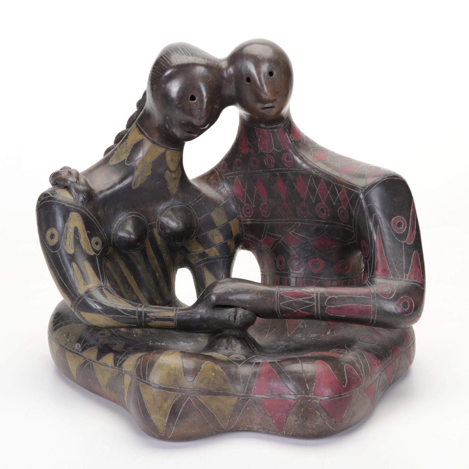 Manuel Felguérez Brutalist Ceramic Seated Couple Sculpture | EBTH