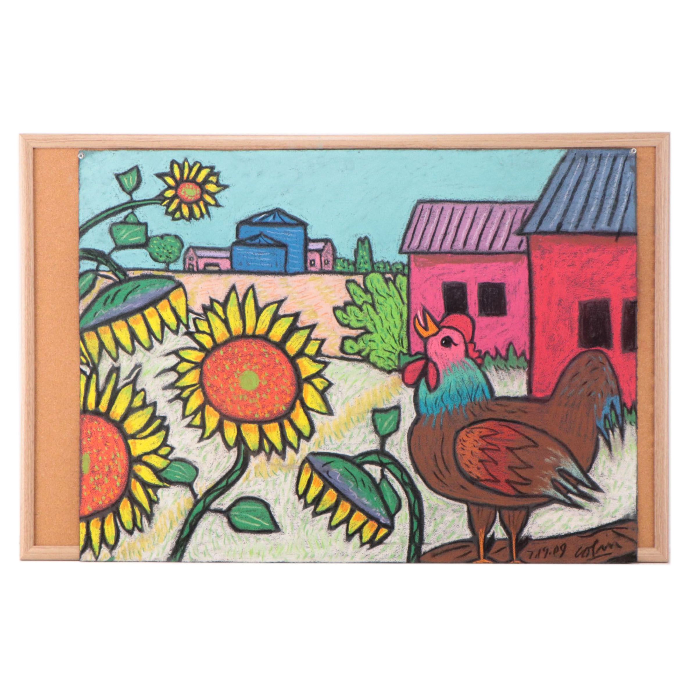 George Colin Chalk Pastel Drawing of Rooster in Barn Scene | EBTH