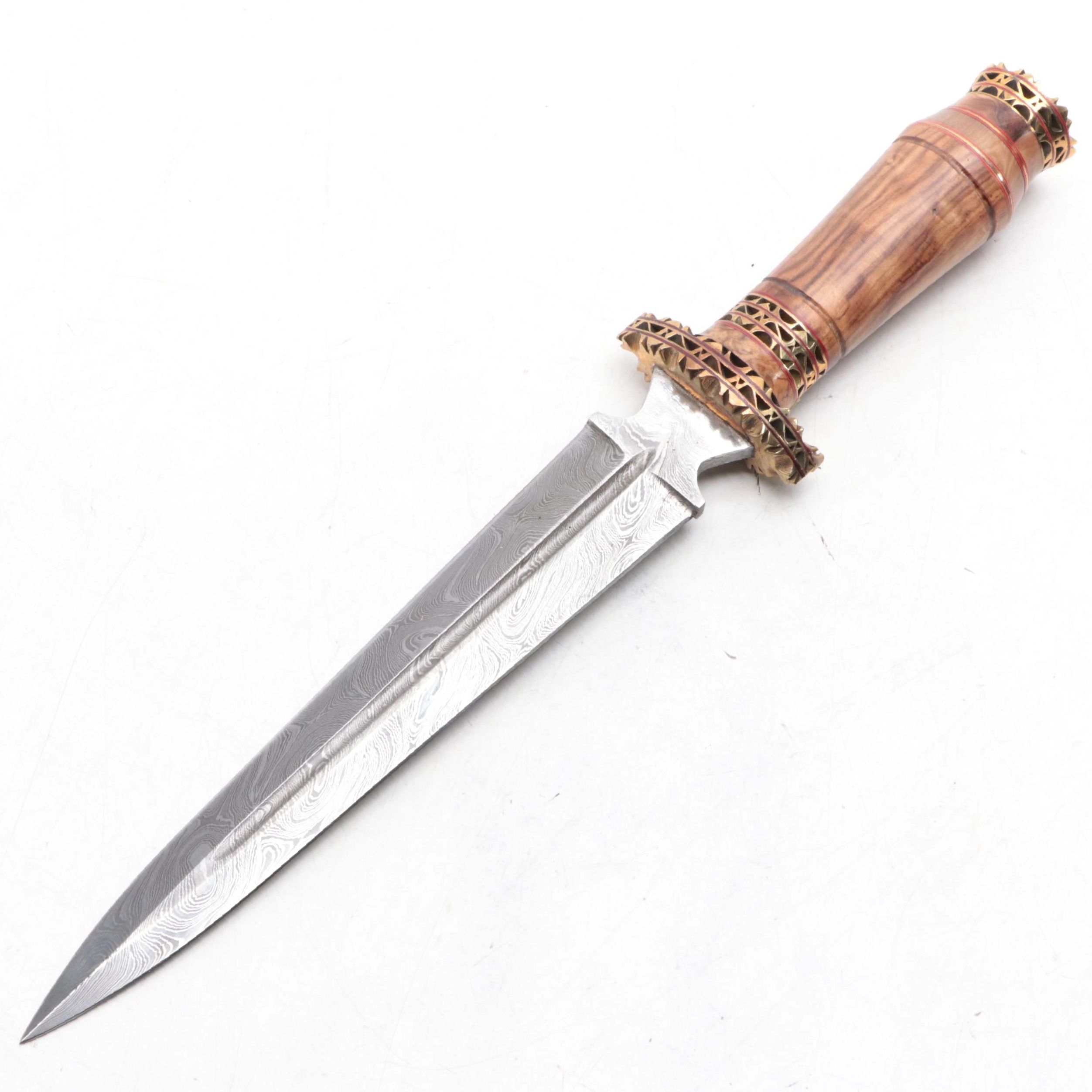 Olive Wood Handled Damascus Blade Dagger With Leather Belt Sheath | EBTH