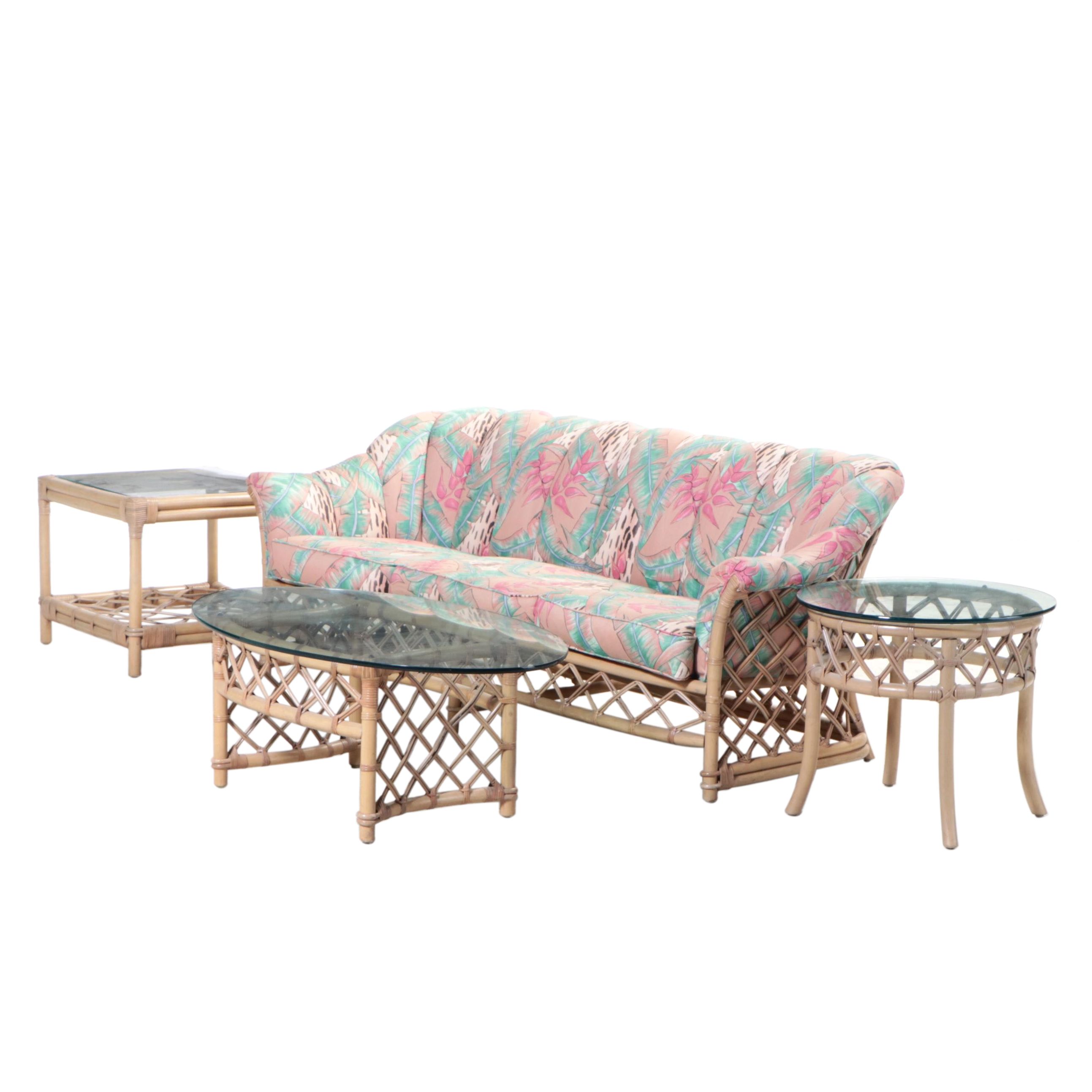 Bent Wood and Rattan Patio Sofa, Accent Tables, and Coffee Table, Late ...