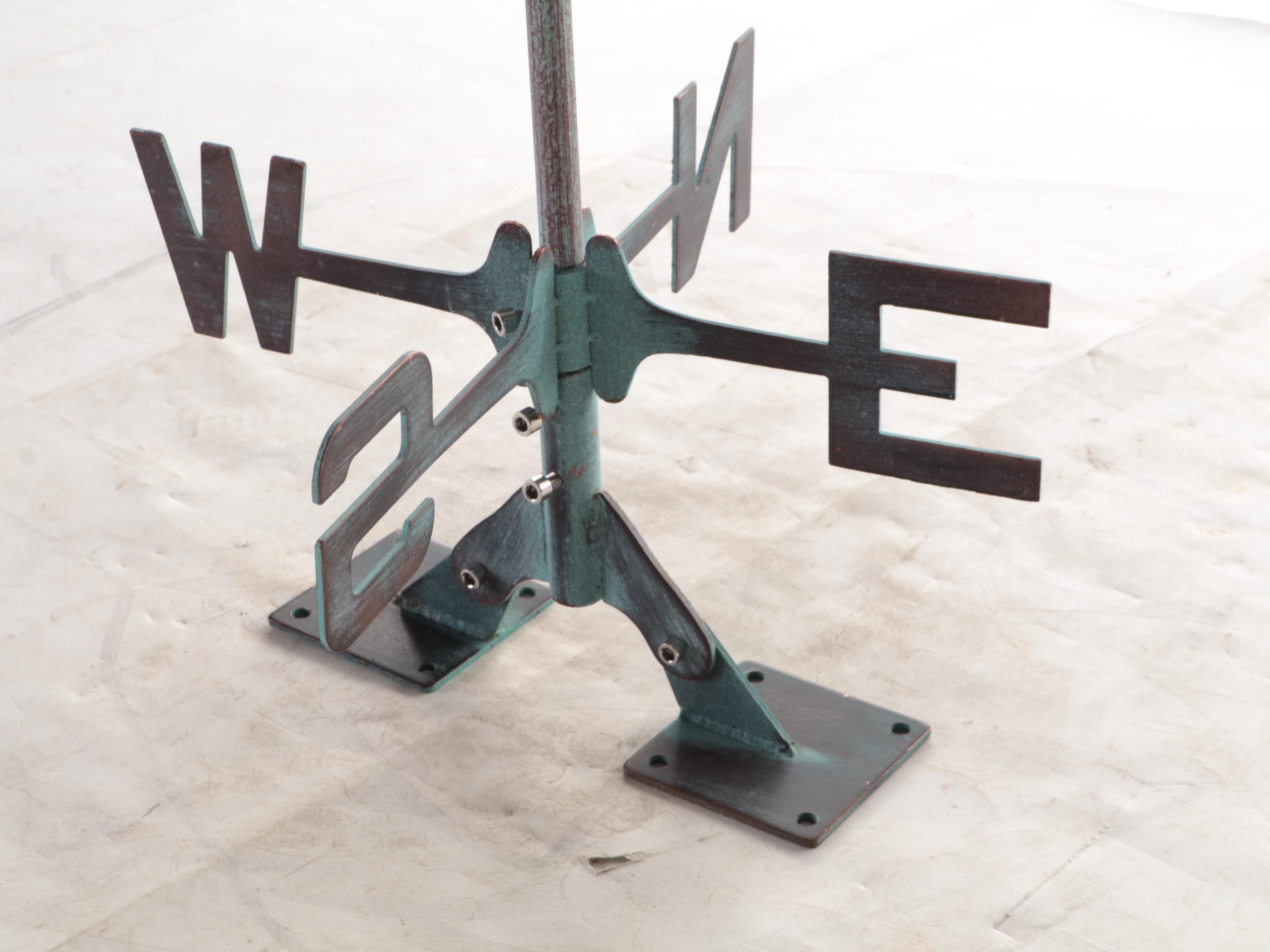 Copper Bass Fishing Weather Vane With Cardinal Points and Bracket | EBTH
