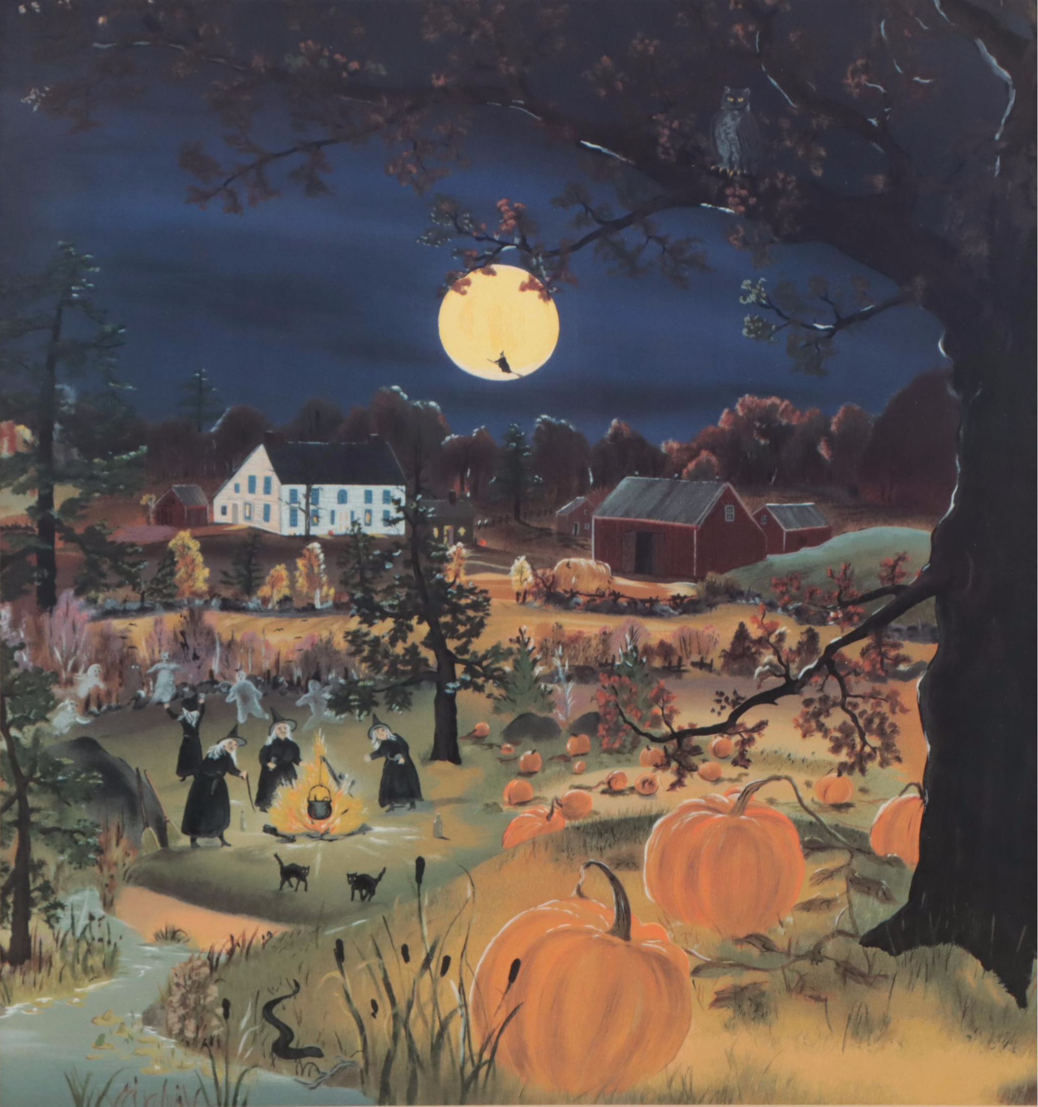 Will Moses Folk Art Halloween-Themed Offset Lithograph and Folding Wall ...