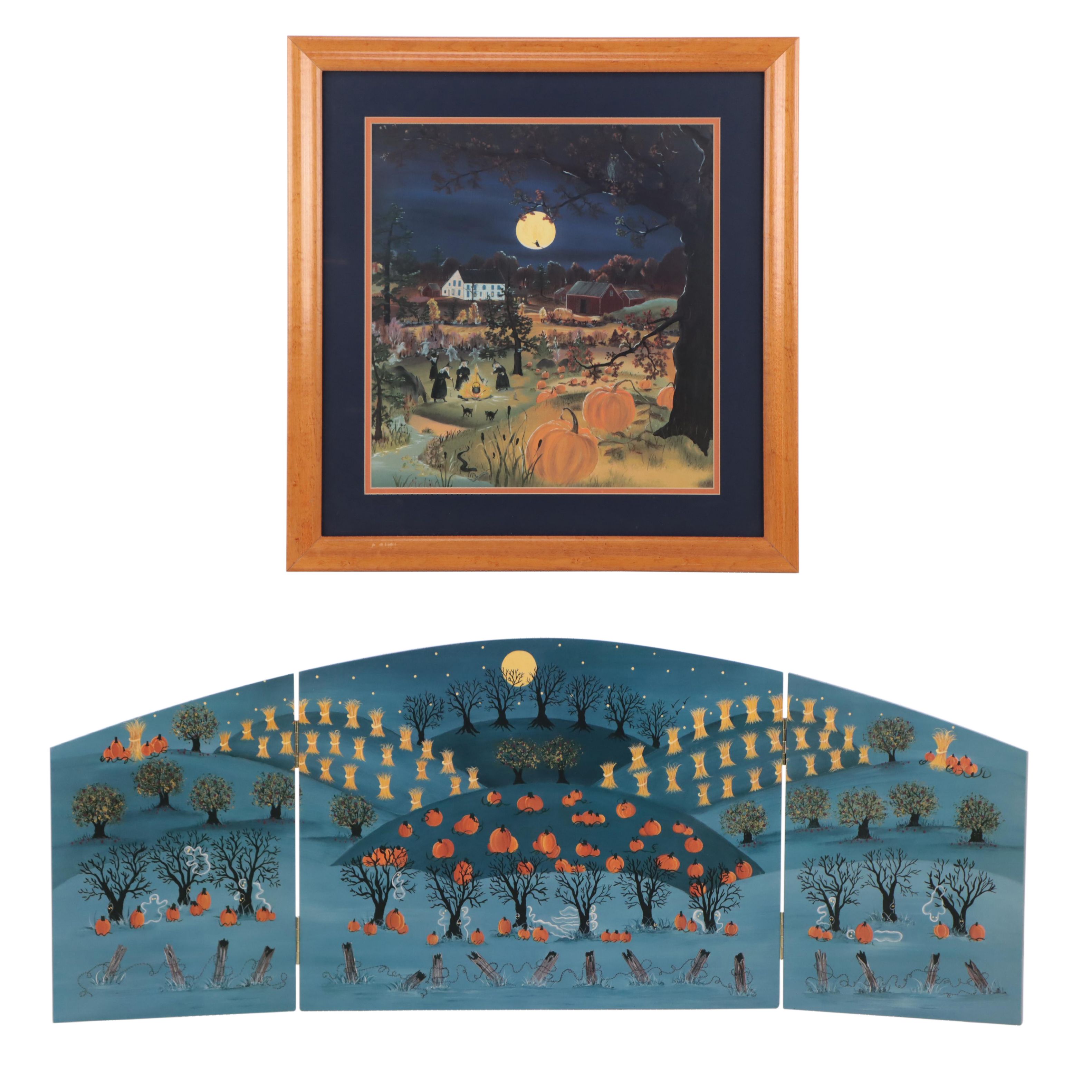 Will Moses Folk Art Halloween-Themed Offset Lithograph and Folding Wall ...