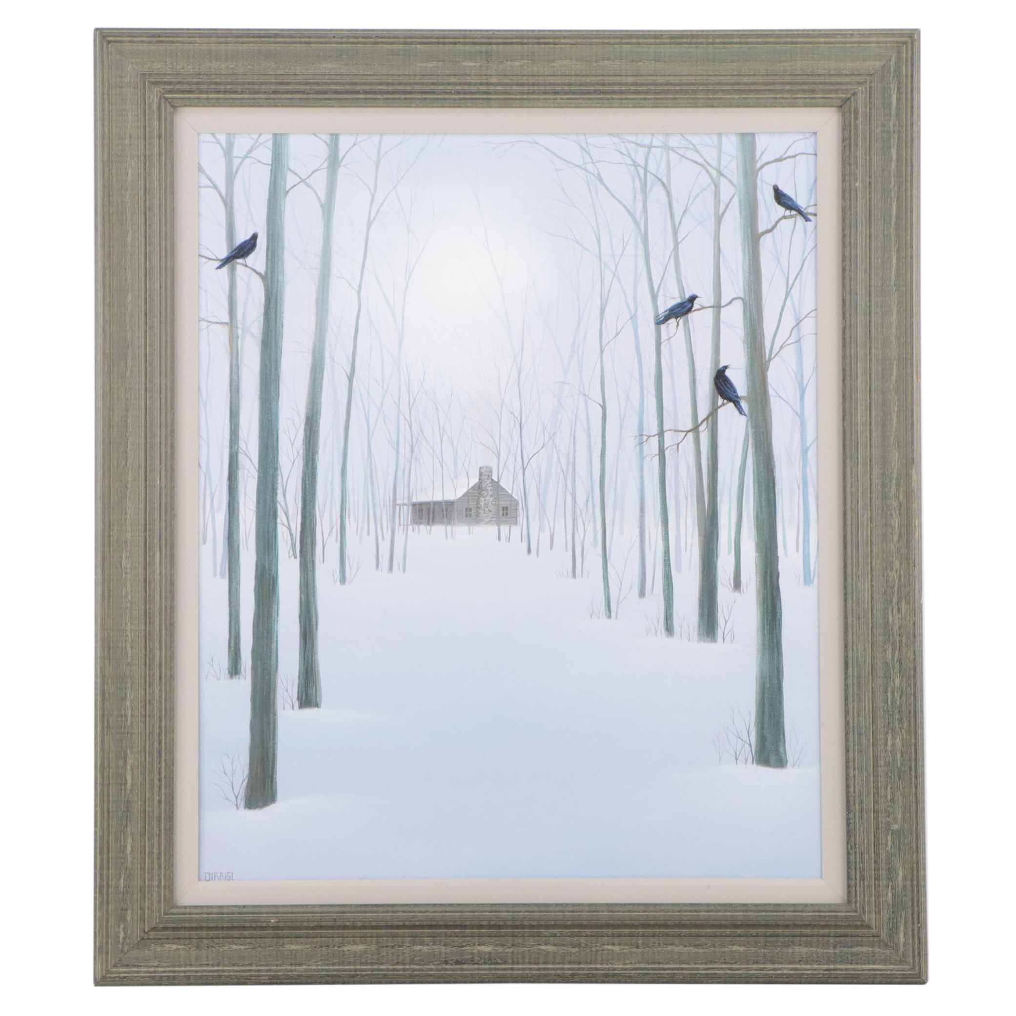 Dirrigl Oil Painting of Snowy Winter Woodland Scene With Cabin | EBTH