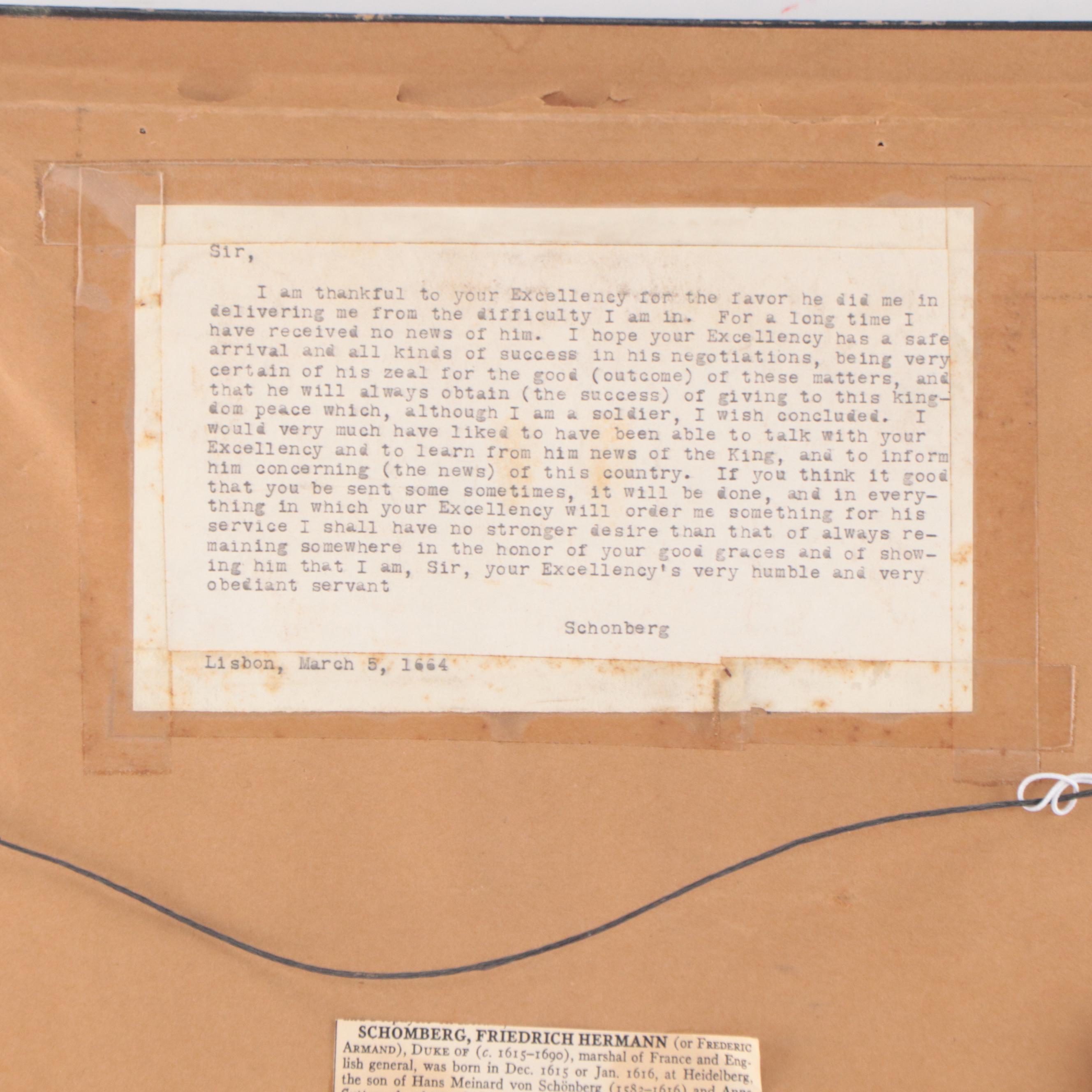 Friedrich Hermann Schomberg Letter Signed to Aphonso VI of Portugal ...