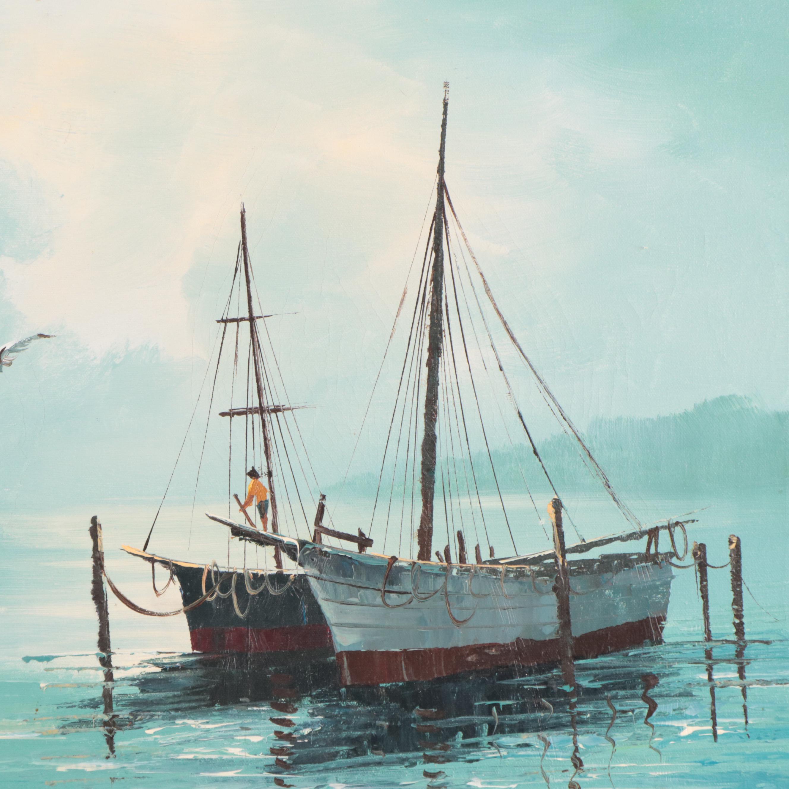 Mary Botto Wharf Scene Oil Painting, Mid-20th Century | EBTH