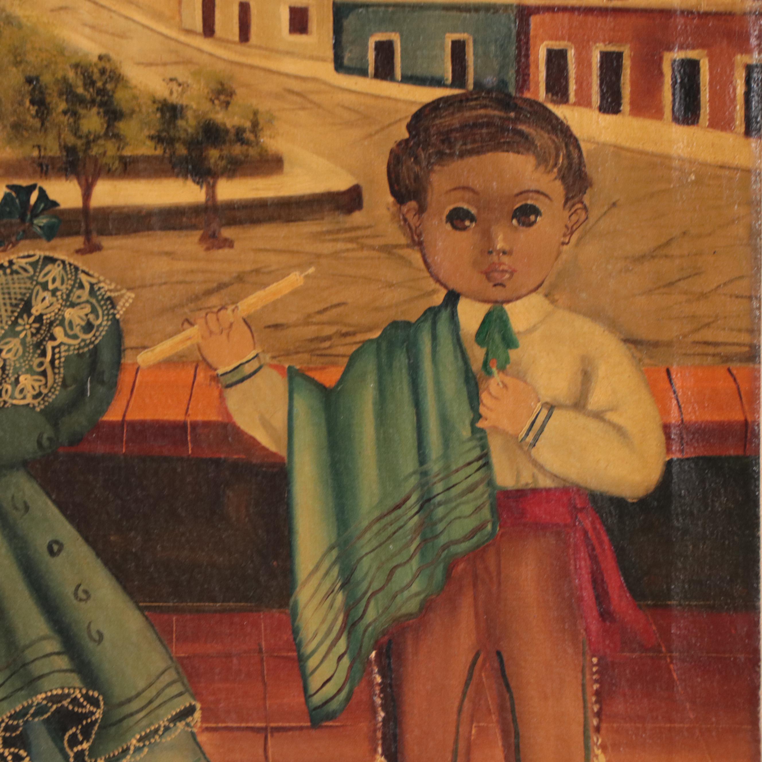 Agapito Labios Folk Art Oil Painting of Two Children, Early to Mid-20th ...