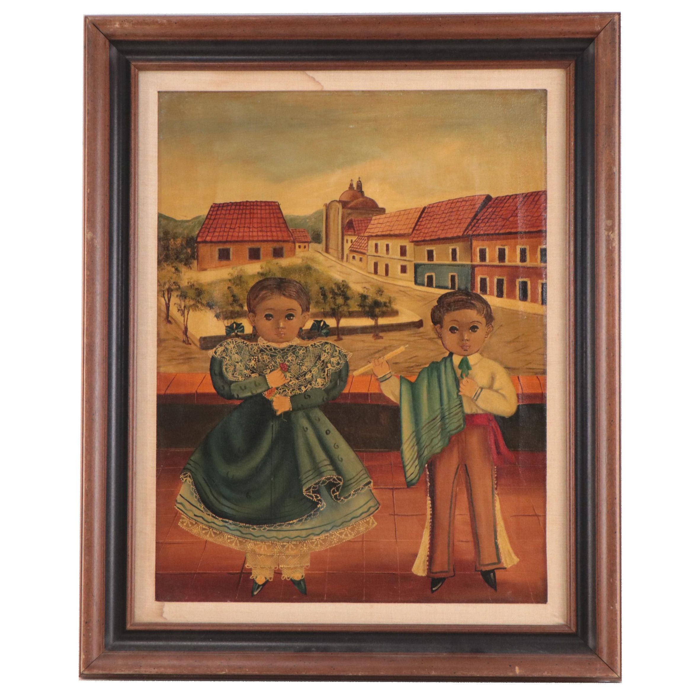Agapito Labios Folk Art Oil Painting of Two Children, Early to Mid-20th ...