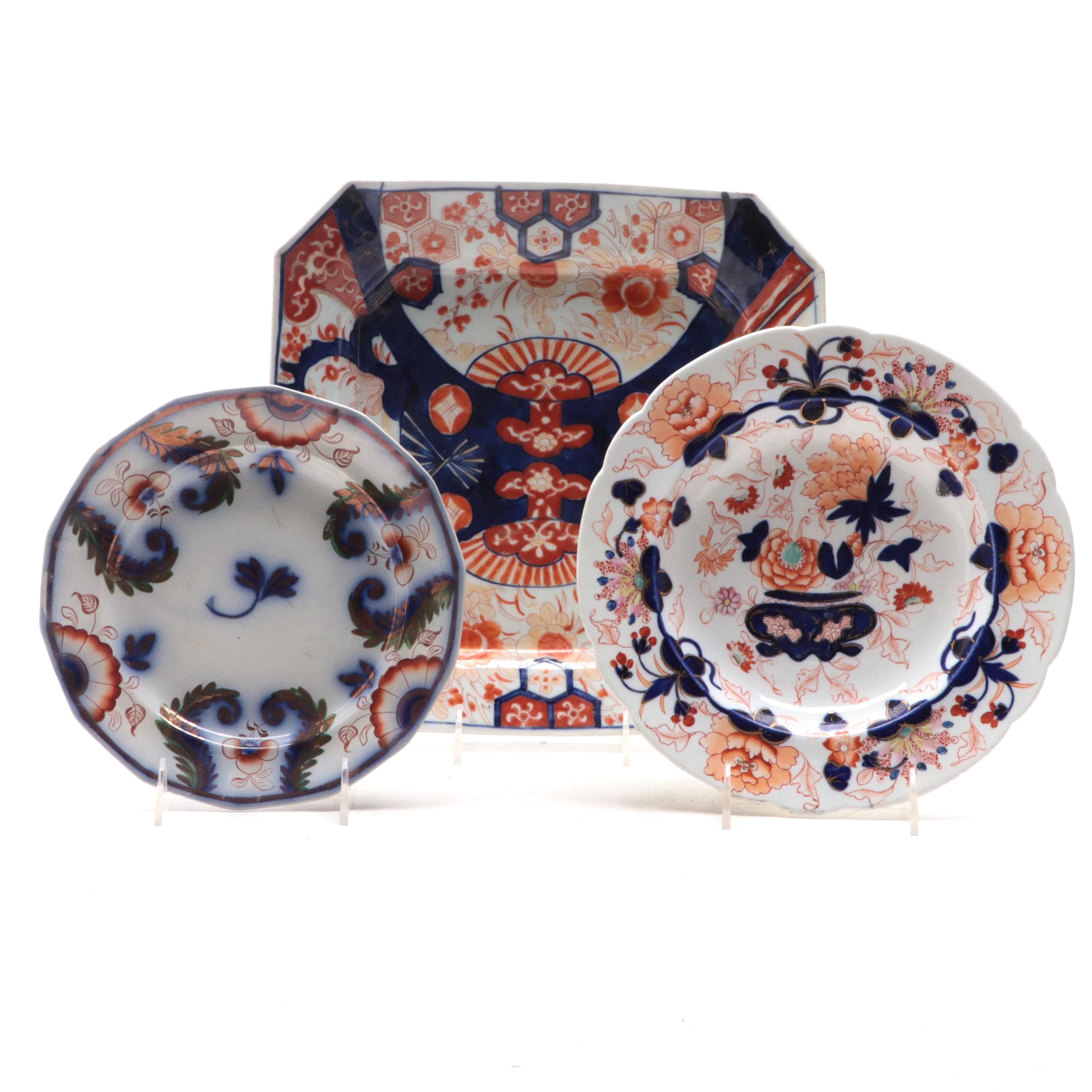 Japanese Imari Square Plate with English Imari and Gaudy Welsh Plates ...
