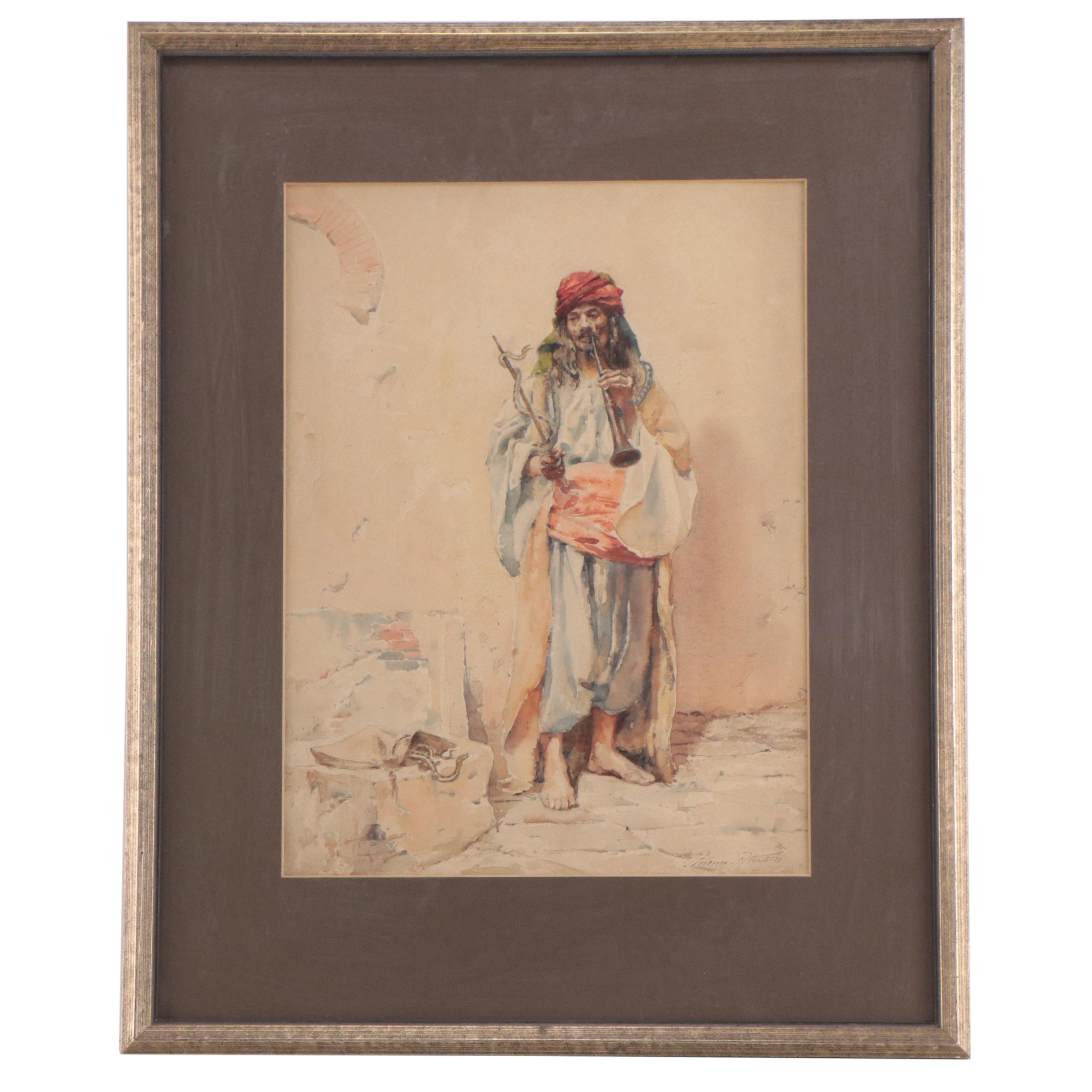 Florence Robinson Watercolor Painting of Snake Charmer | EBTH
