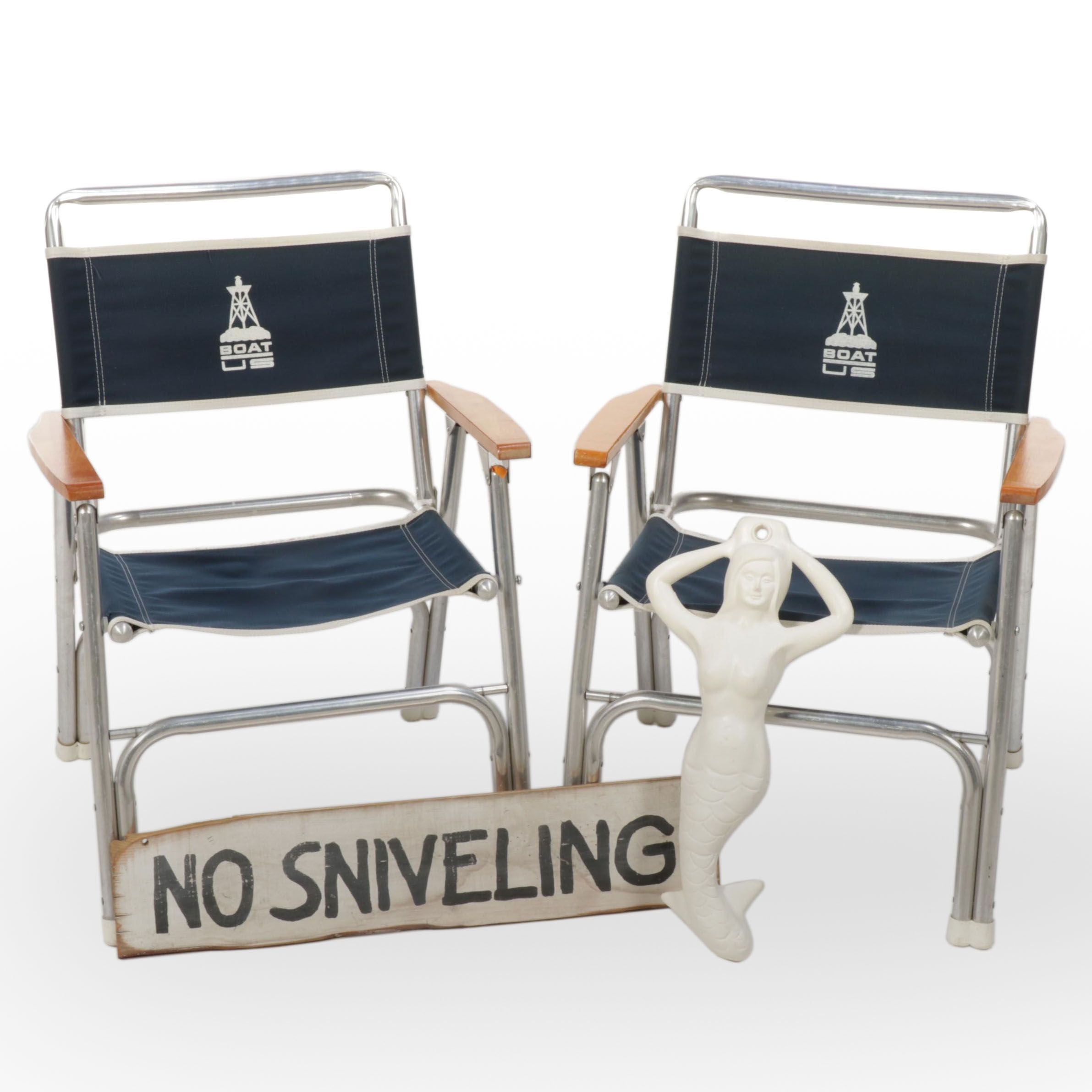 Boat Deck Chairs with "No Sniveling" Sign and Mermaid Buoy | EBTH