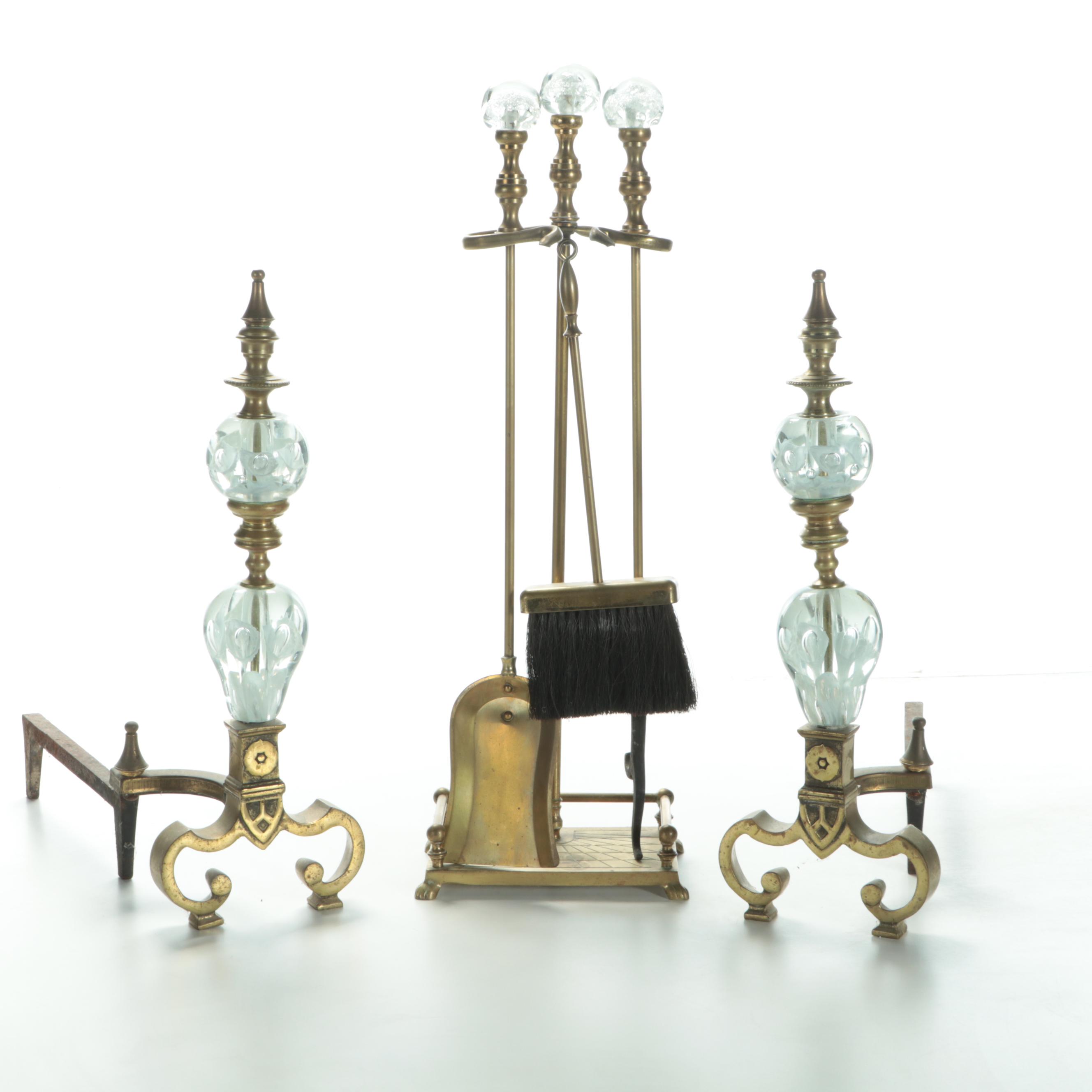 St. Clair Style Brass and Glass Andirons with Fireplace Tool Set, 20th ...