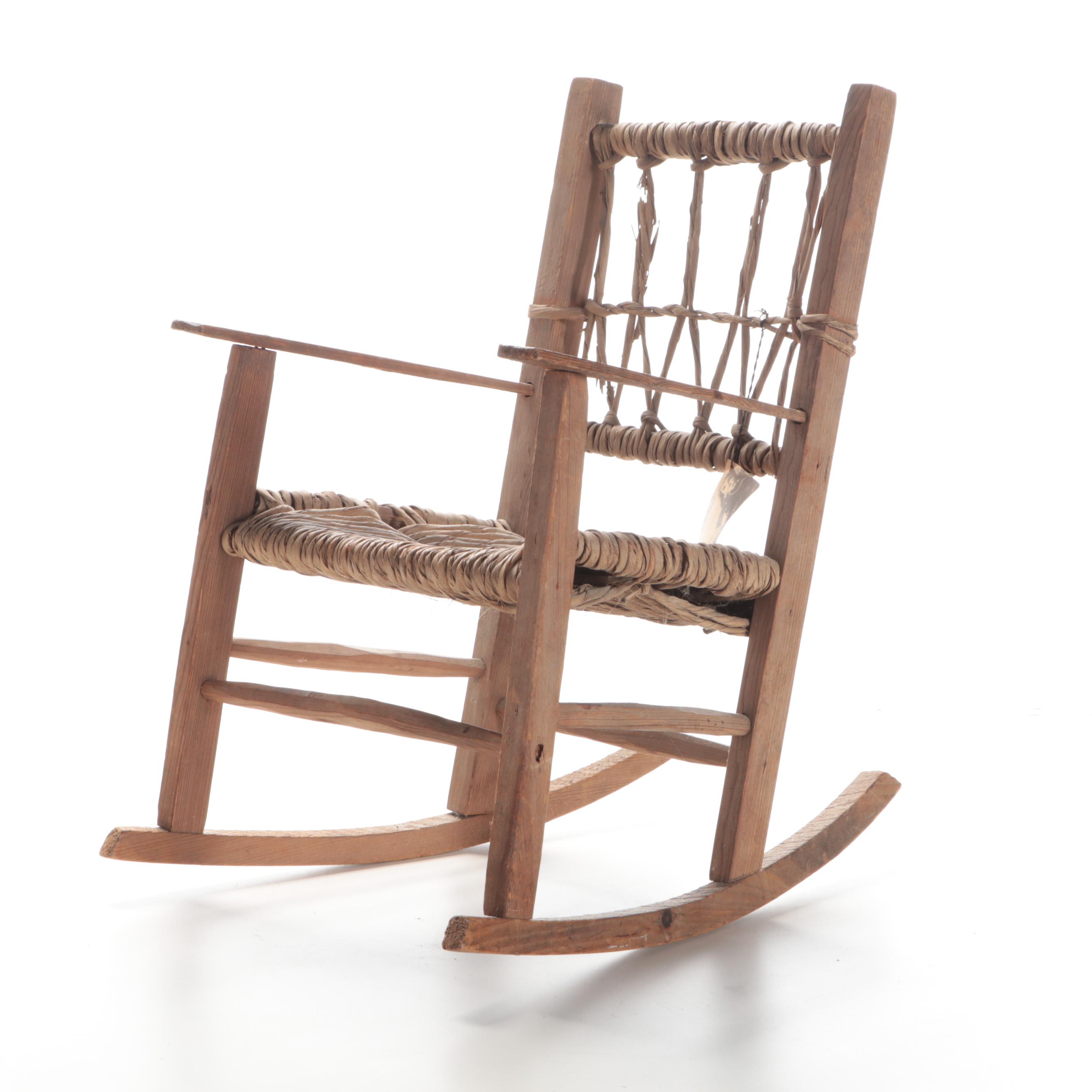 Primitive Style Pine and Paper Rush Doll-Sized Rocking Chair | EBTH