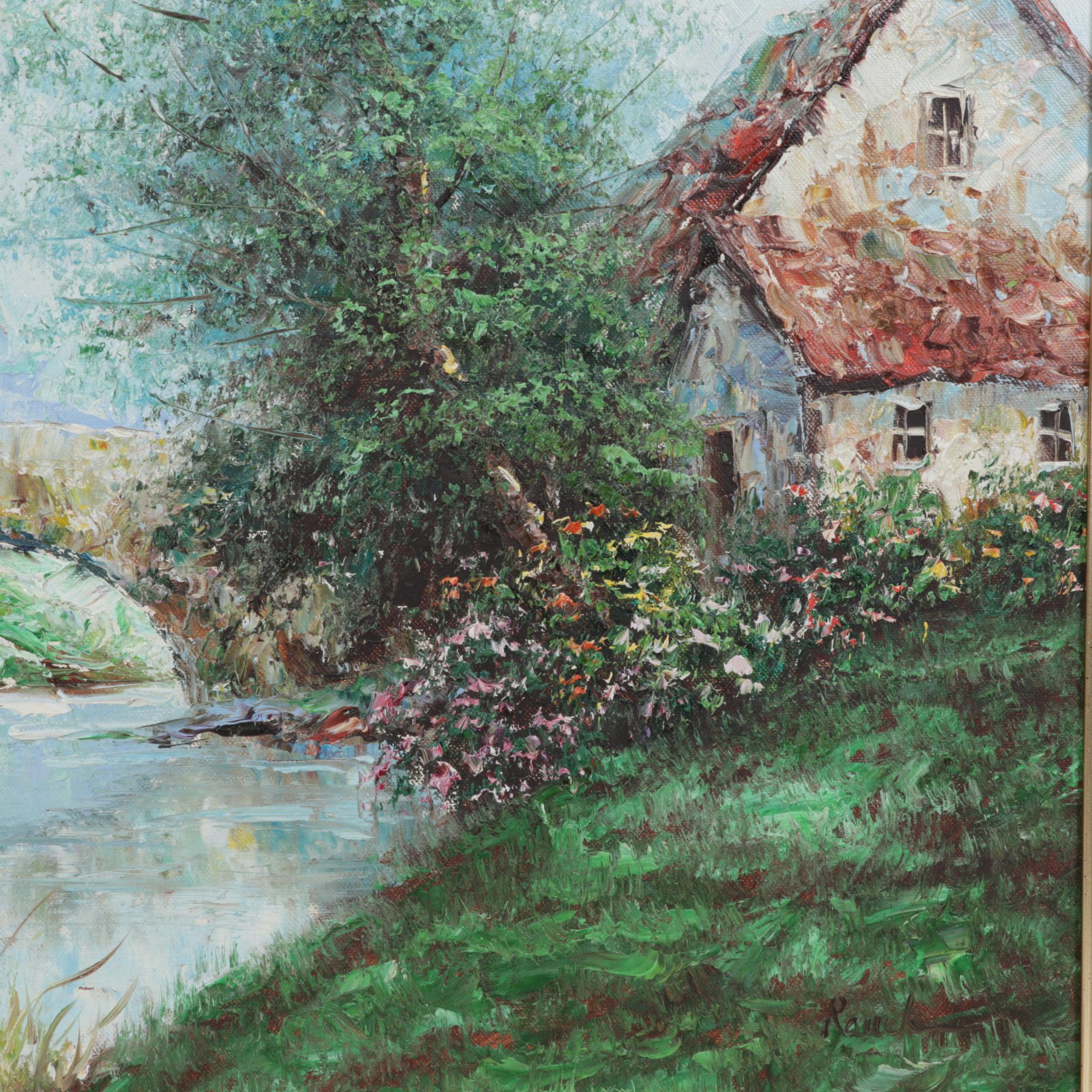 Theo Raucher Oil Painting of Bucolic Village Scene, Circa 1980 | EBTH