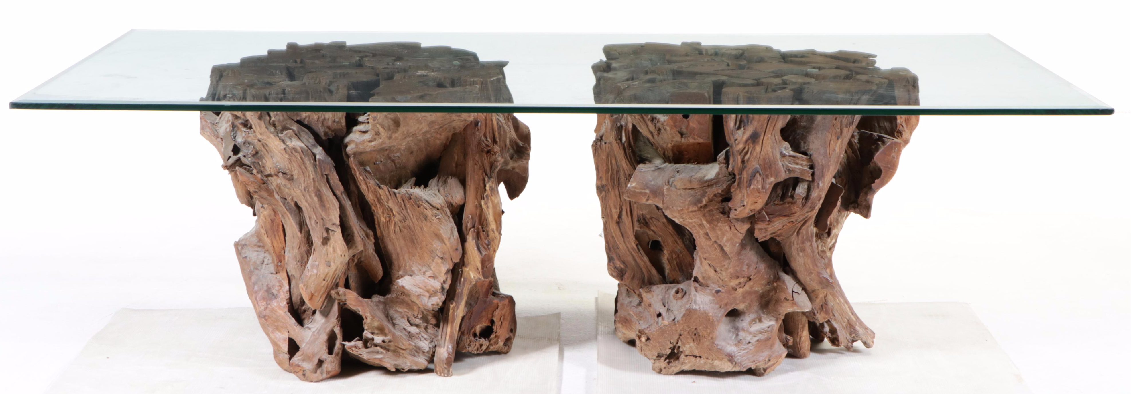 Natural Root and Beveled Glass Double-Pedestal Dining Table | EBTH