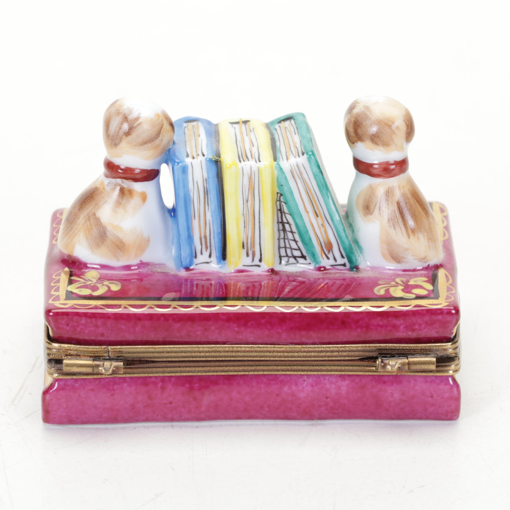 Limoges Dog Bookends Trinket Box with Feather Clasp on Book-Shape Base ...