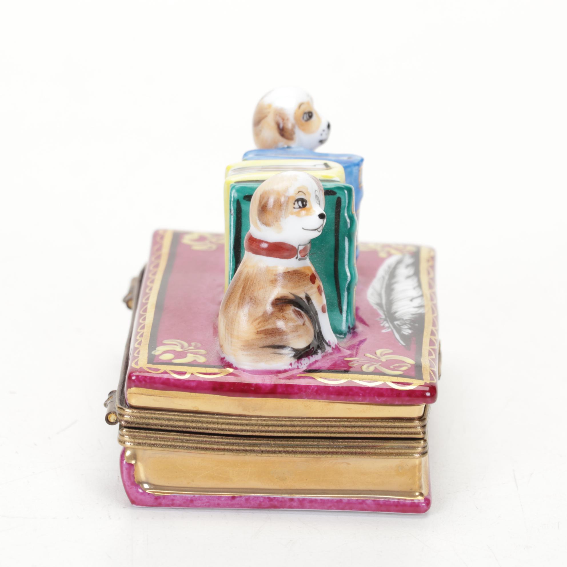 Limoges Dog Bookends Trinket Box with Feather Clasp on Book-Shape Base ...