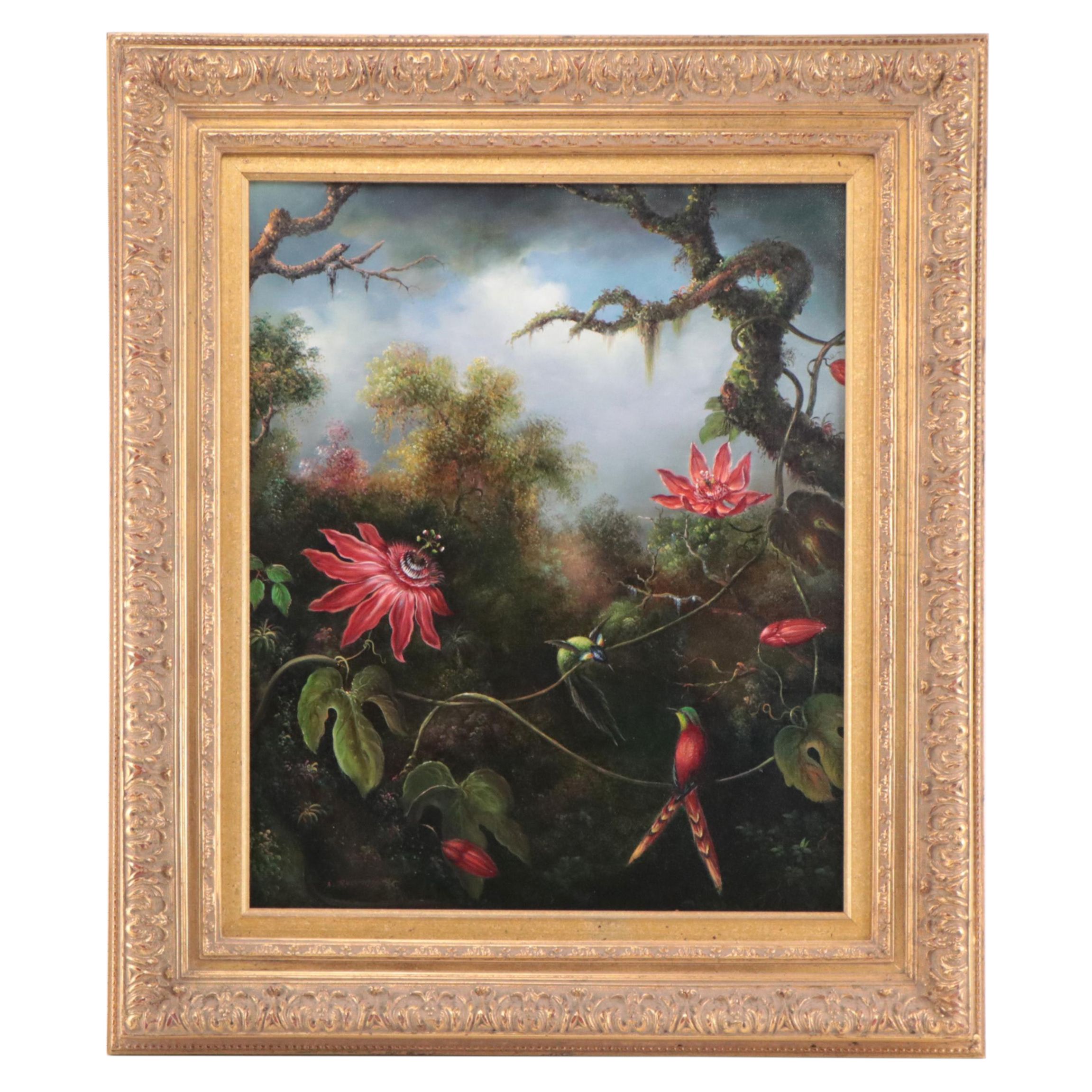 Oil Painting After Martin Johnson Heade of Two Hummingbirds and Flowers ...