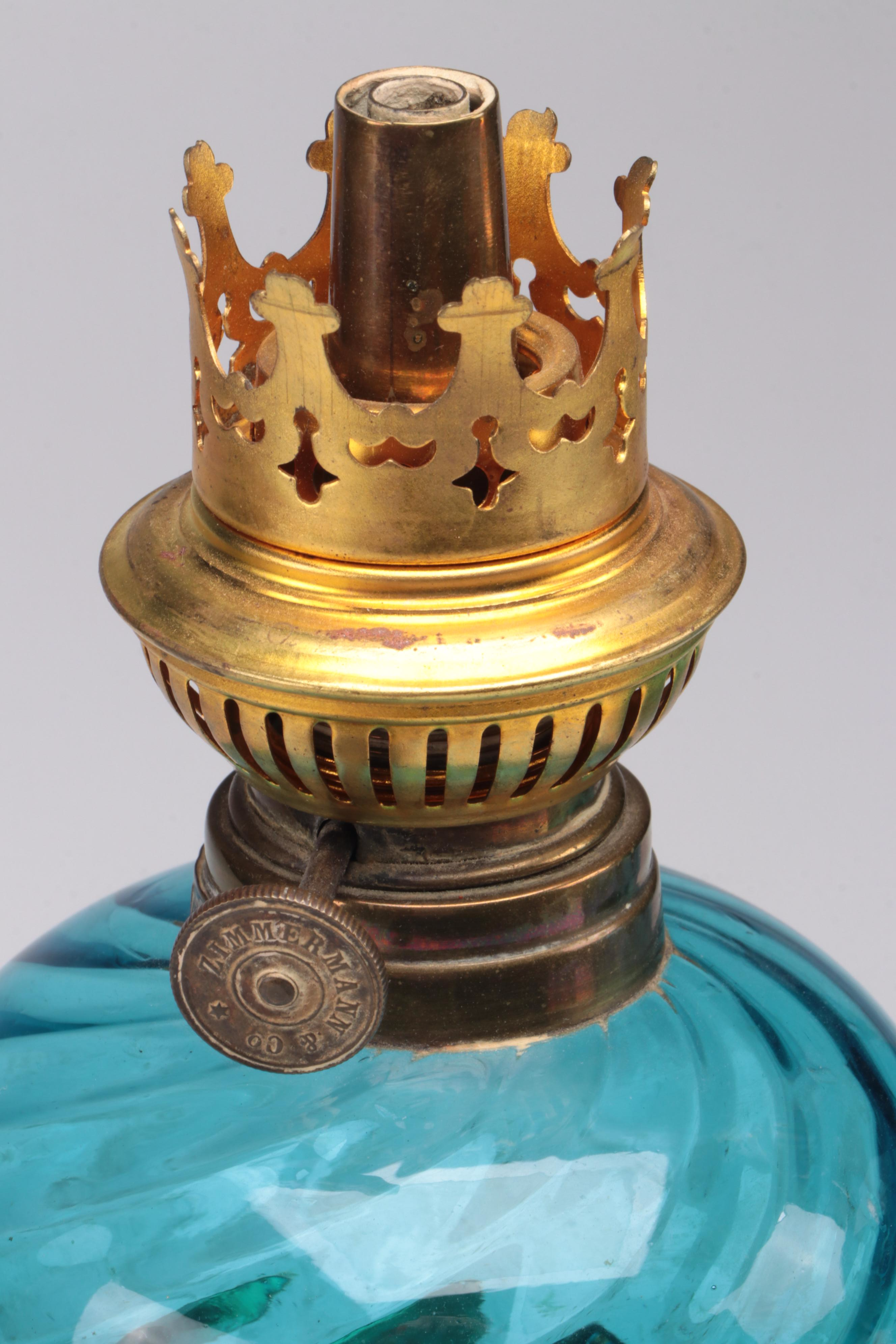 Zimmerman & Co. Brass Candlestick and Aqua Glass Peg Lamps | EBTH
