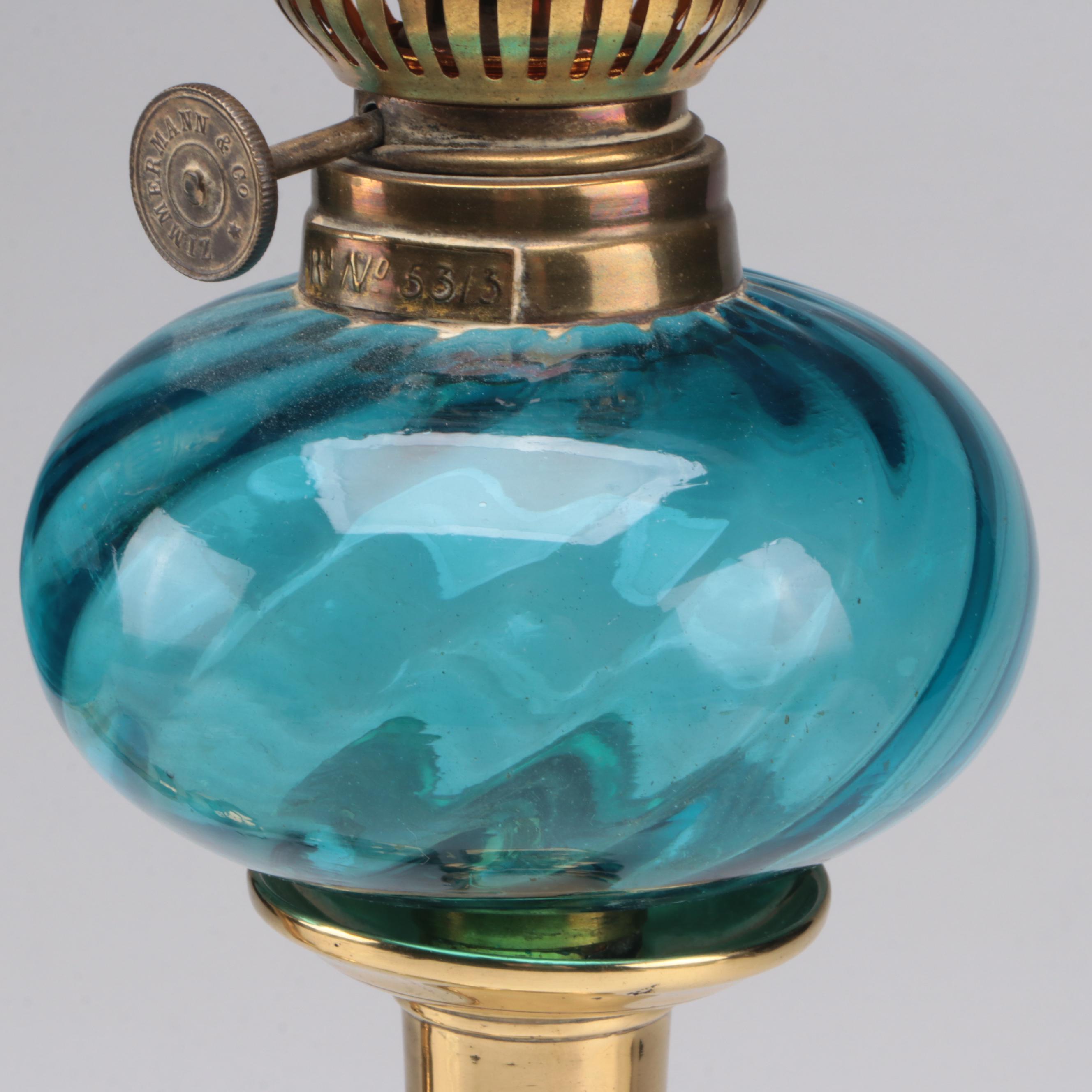 Zimmerman & Co. Brass Candlestick and Aqua Glass Peg Lamps | EBTH