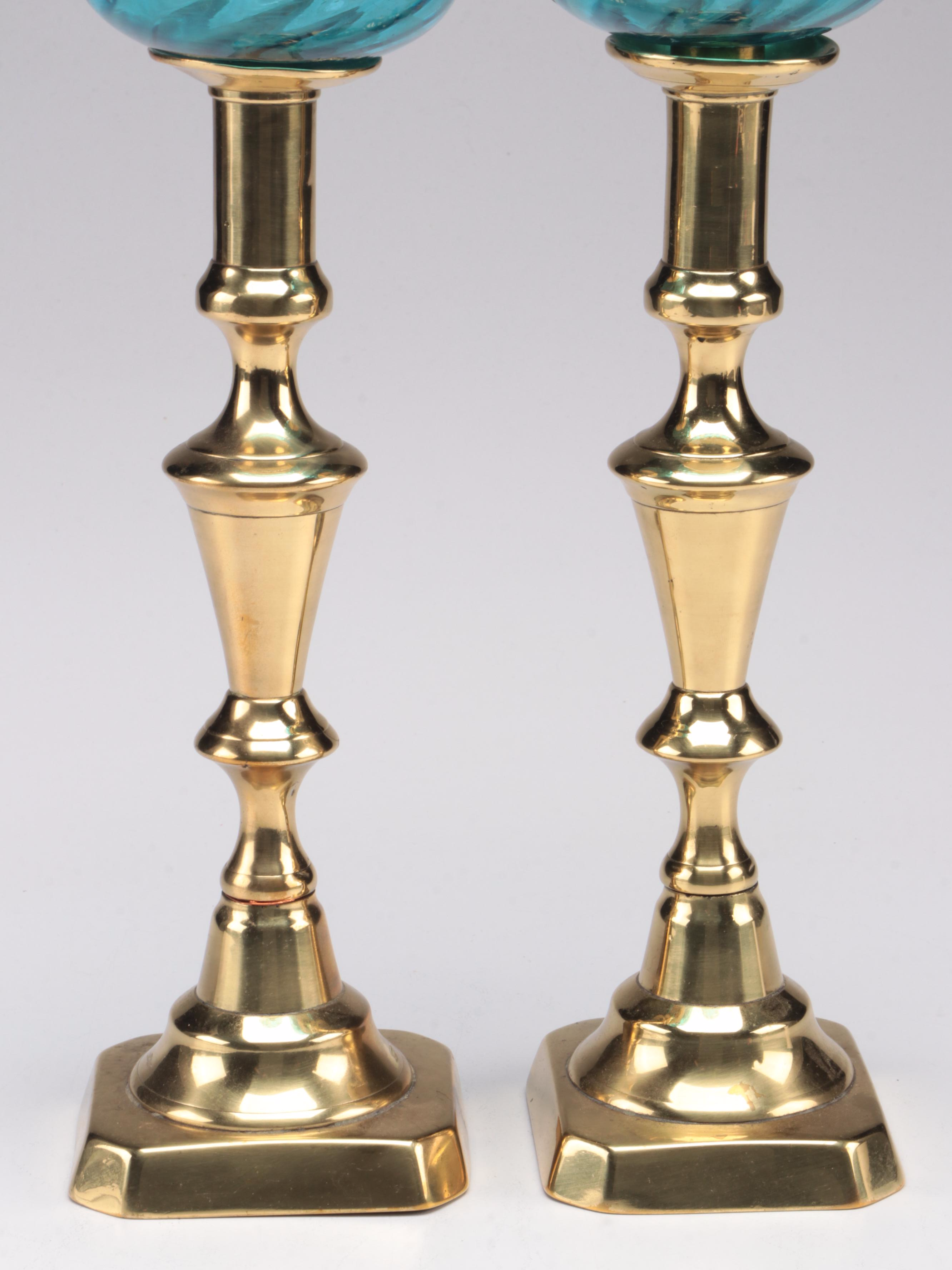 Zimmerman & Co. Brass Candlestick and Aqua Glass Peg Lamps | EBTH