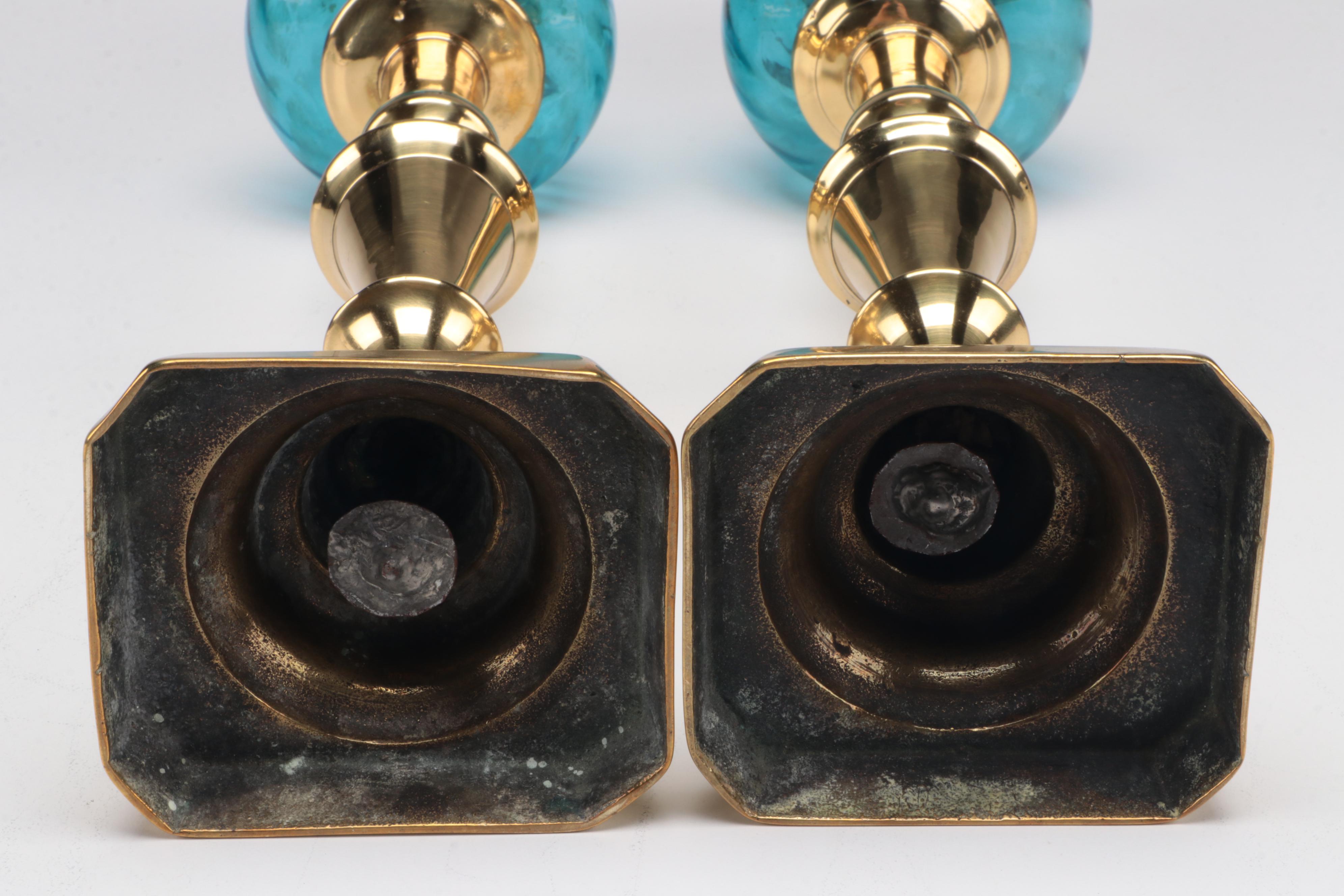 Zimmerman & Co. Brass Candlestick and Aqua Glass Peg Lamps | EBTH