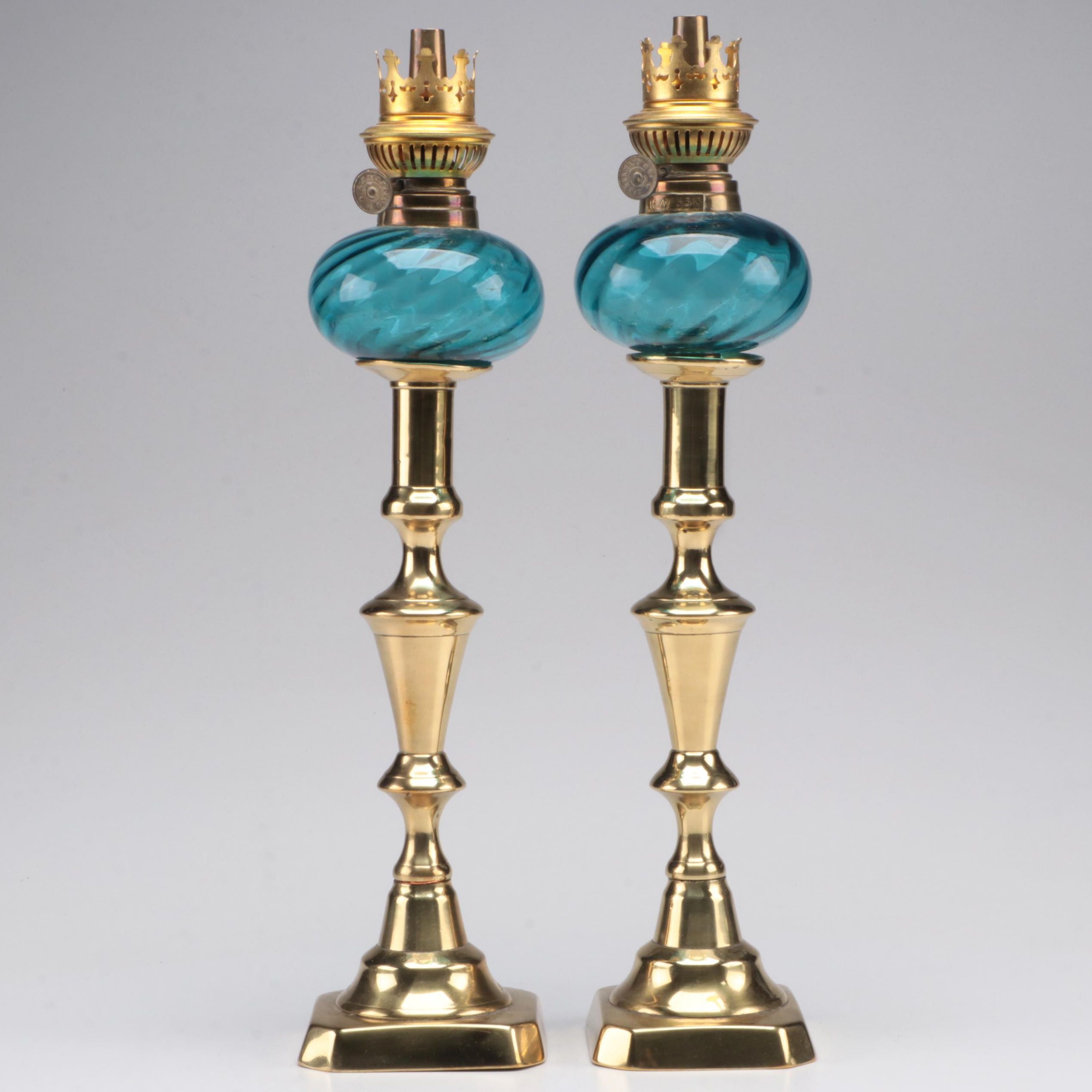 Zimmerman & Co. Brass Candlestick and Aqua Glass Peg Lamps | EBTH
