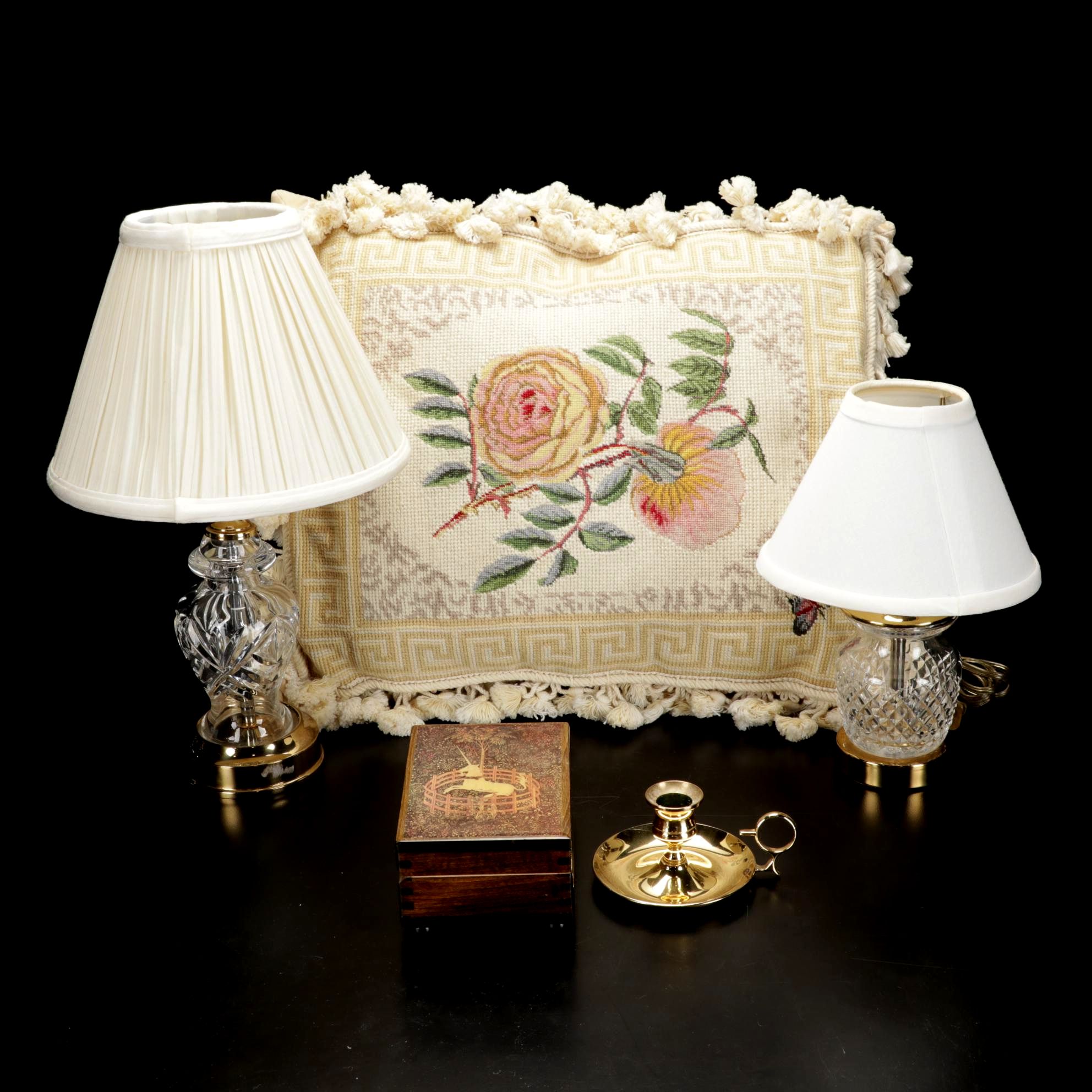 Waterford Boudoir Lamps with Needlepoint Pillow, Music Box and ...