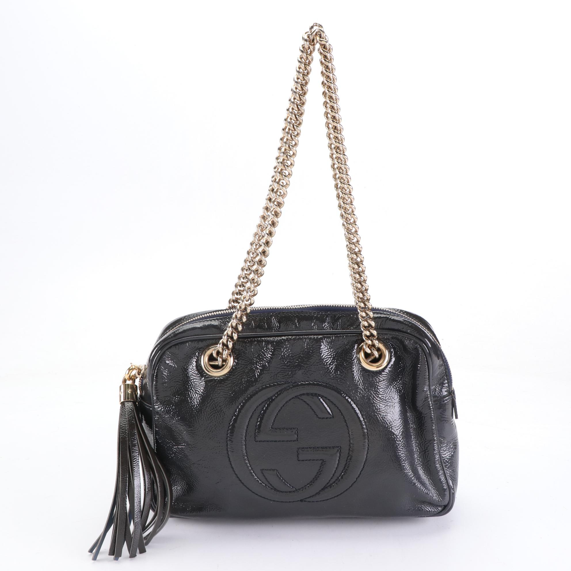 Gucci Soho Chain Strap Shoulder Bag in Navy Patent Leather with Tassel ...