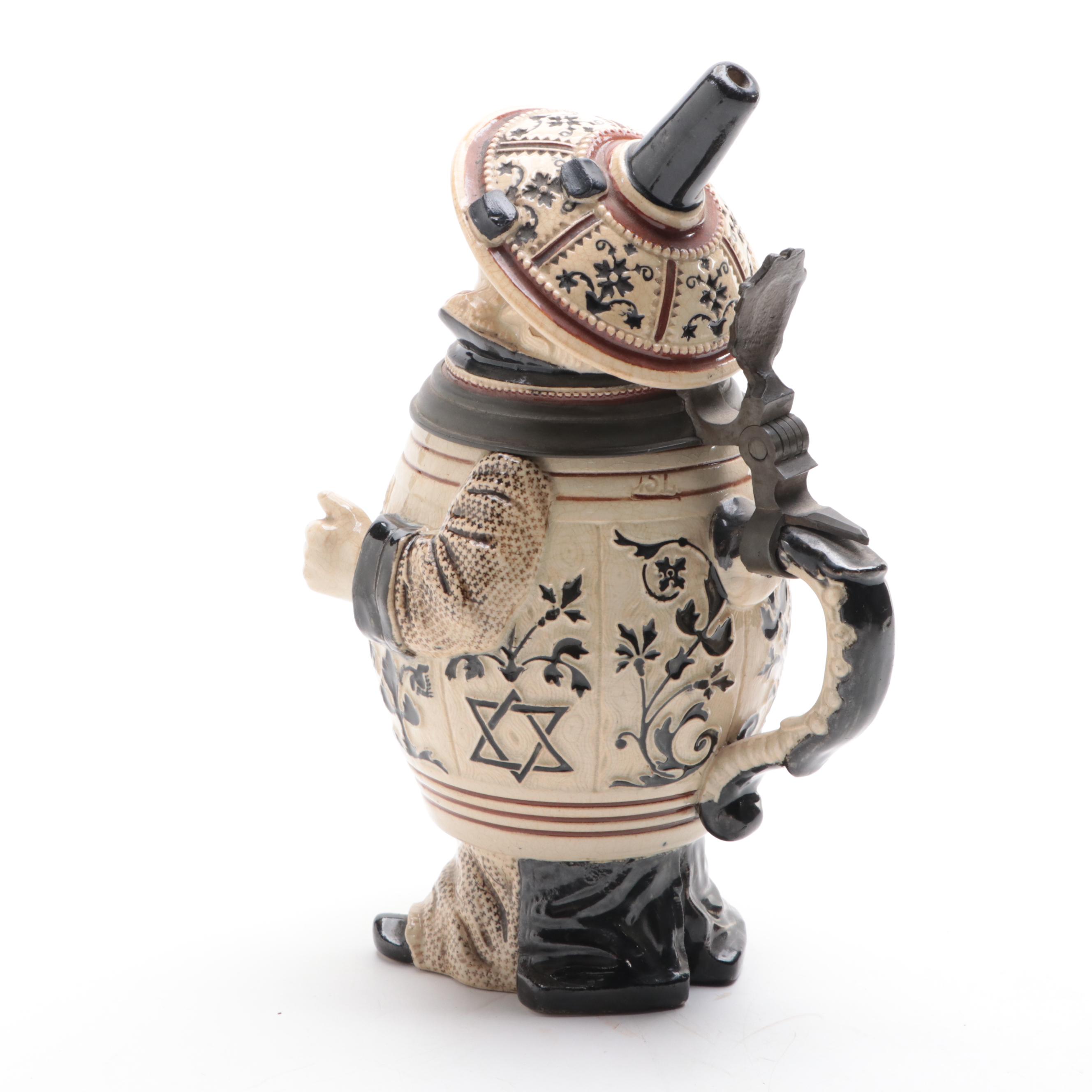 "Funnel Man" Stoneware Beer Stein with Brewer's Star, Late 19th/Early ...