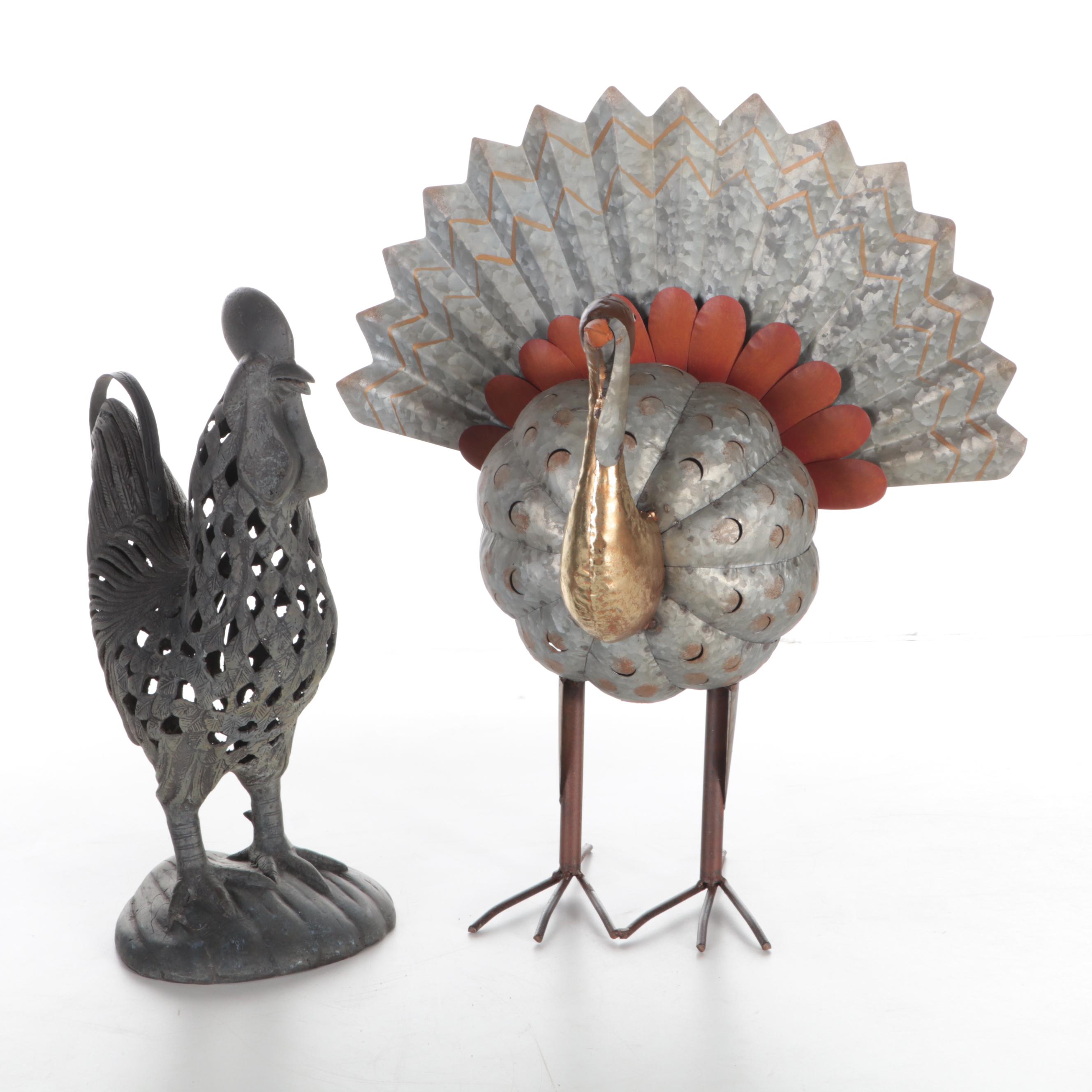 Two's Company Galvanized Metal Turkey with Cast Iron Rooster Figure | EBTH