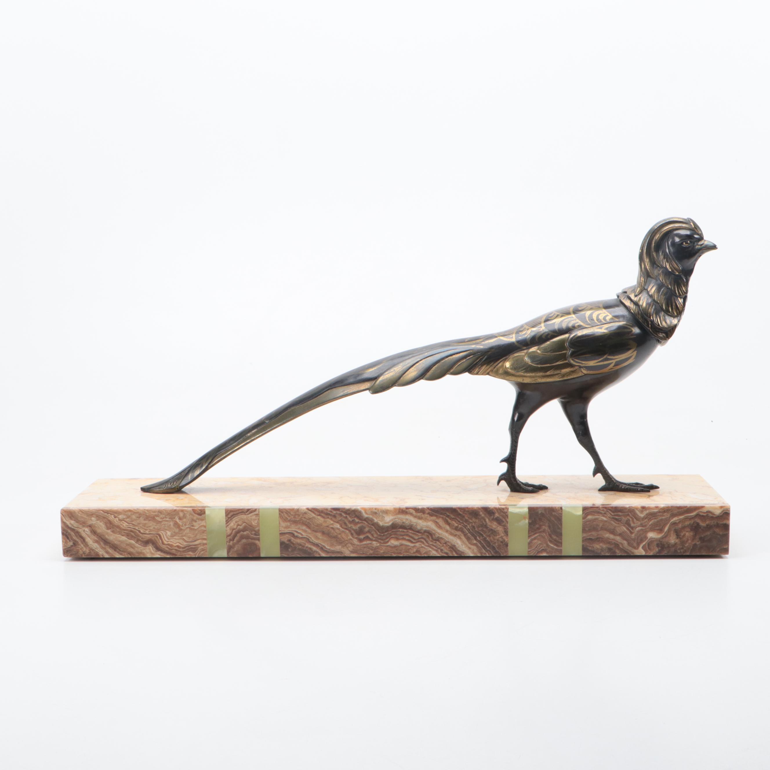 Hand-Painted Metal Pheasant on Brass, Banded Calcite and Travertine ...